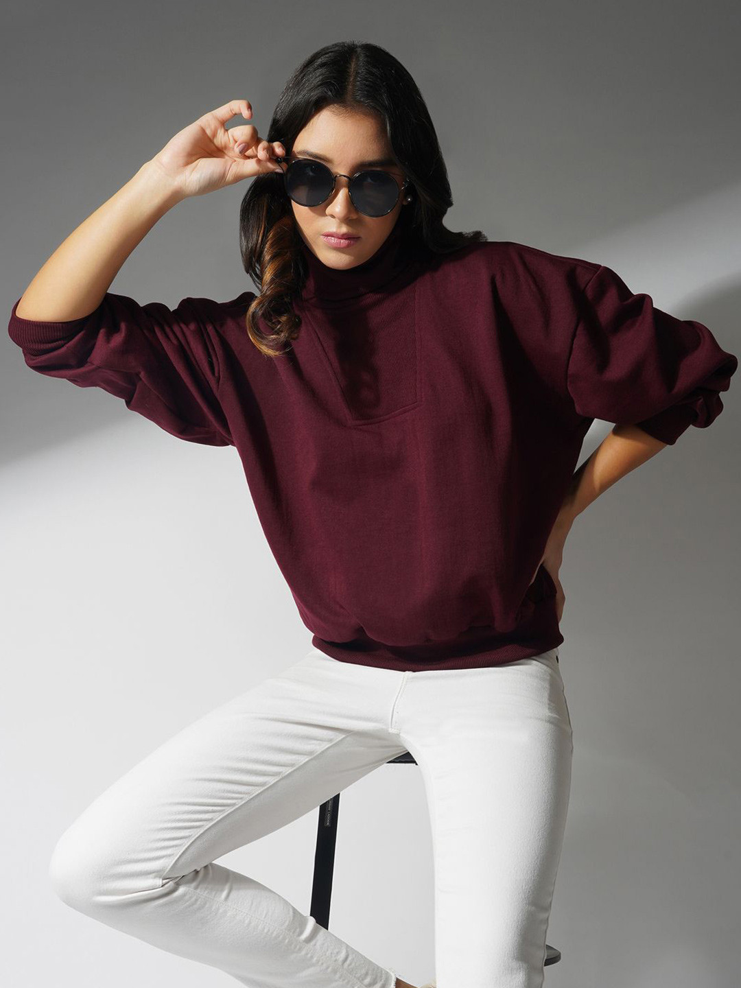 Buy Lagashi Women High Neck Solid Pullover Ribbed Sweatshirt ...