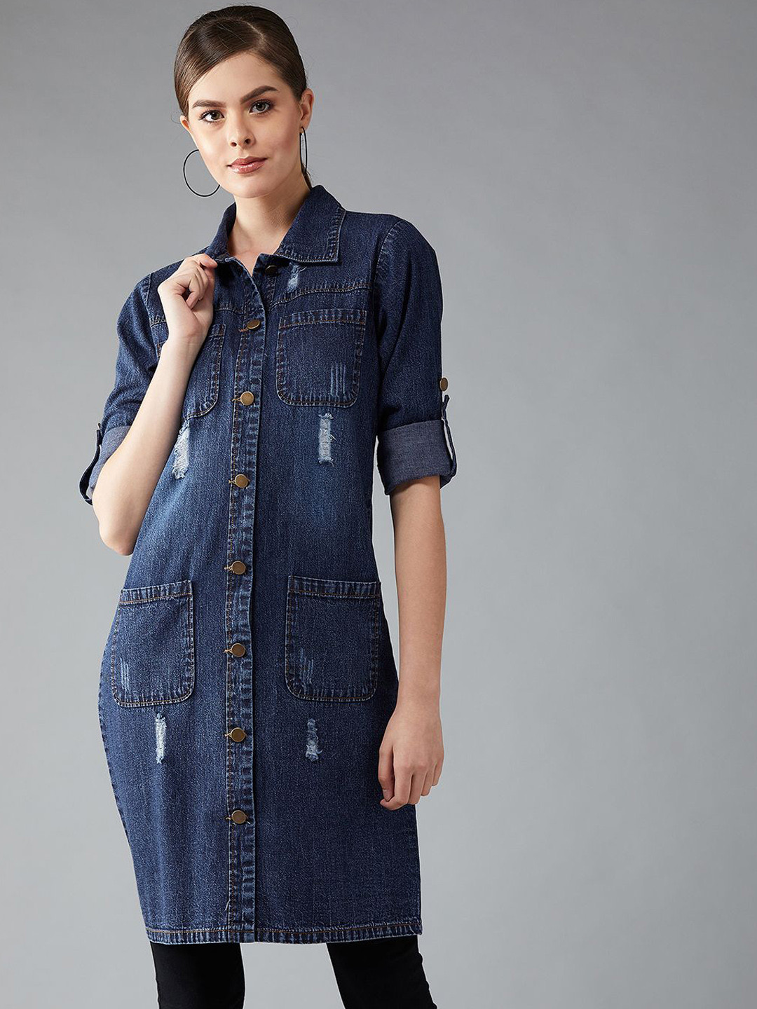 Buy DOLCE CRUDO Solid Polo Neck Full Sleeves Patch Pocket Denim ...