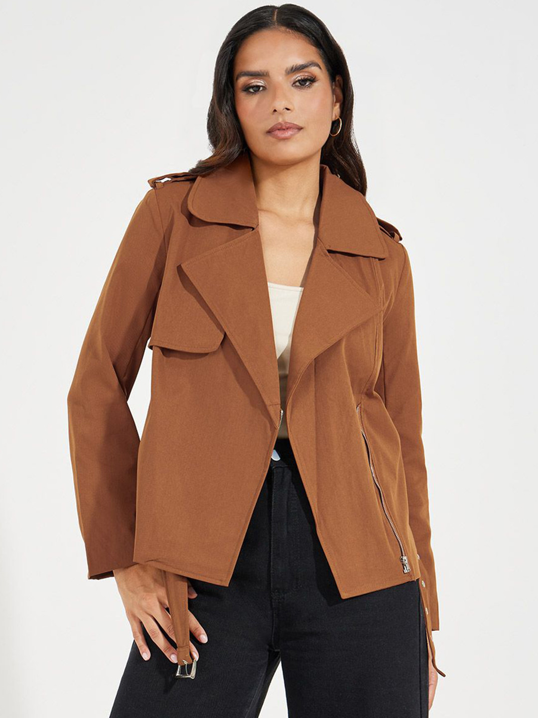 Buy Styli Women Solid Regular Fit Regular Length Jacket With Belt ...