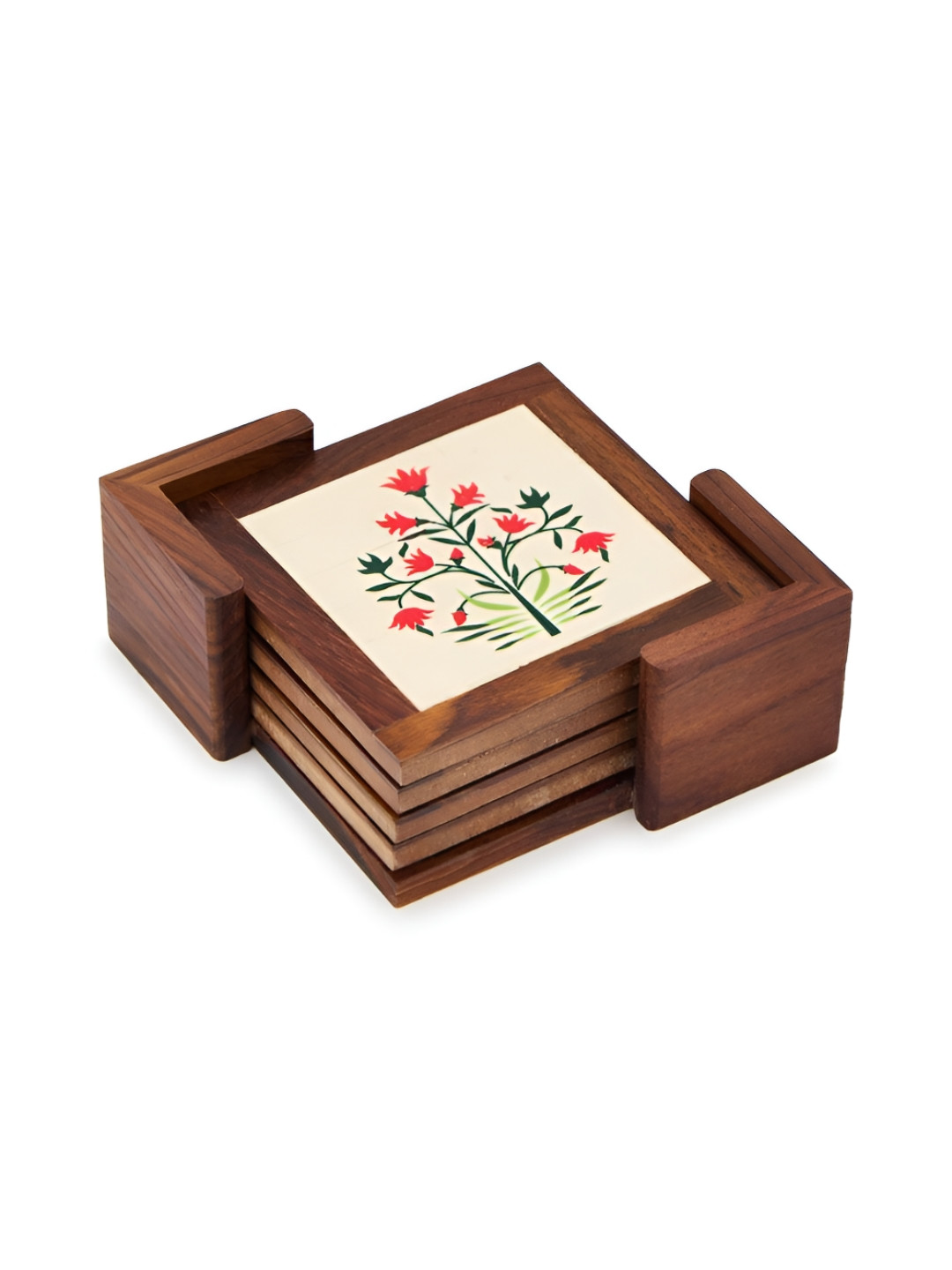 Buy Fabindia Pushp Brown & Red 5 Pieces Floral Printed Wooden Coasters ...