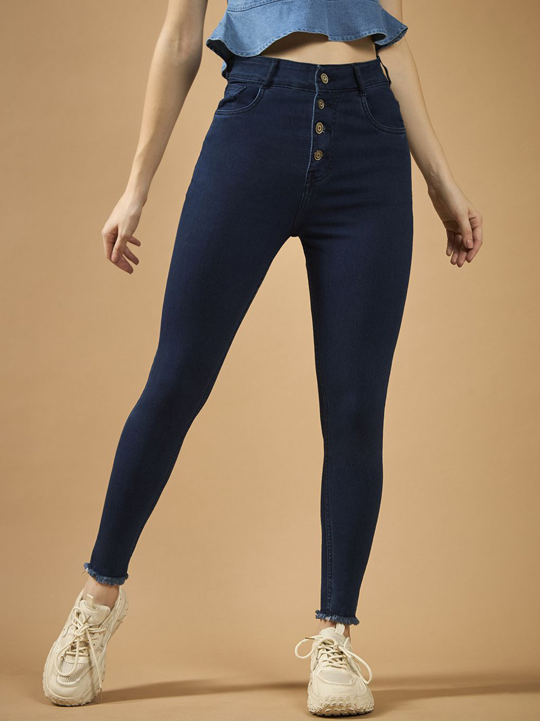 Buy The Roadster Women Skinny High Rise Solid Fringed Hemline Cropped ...