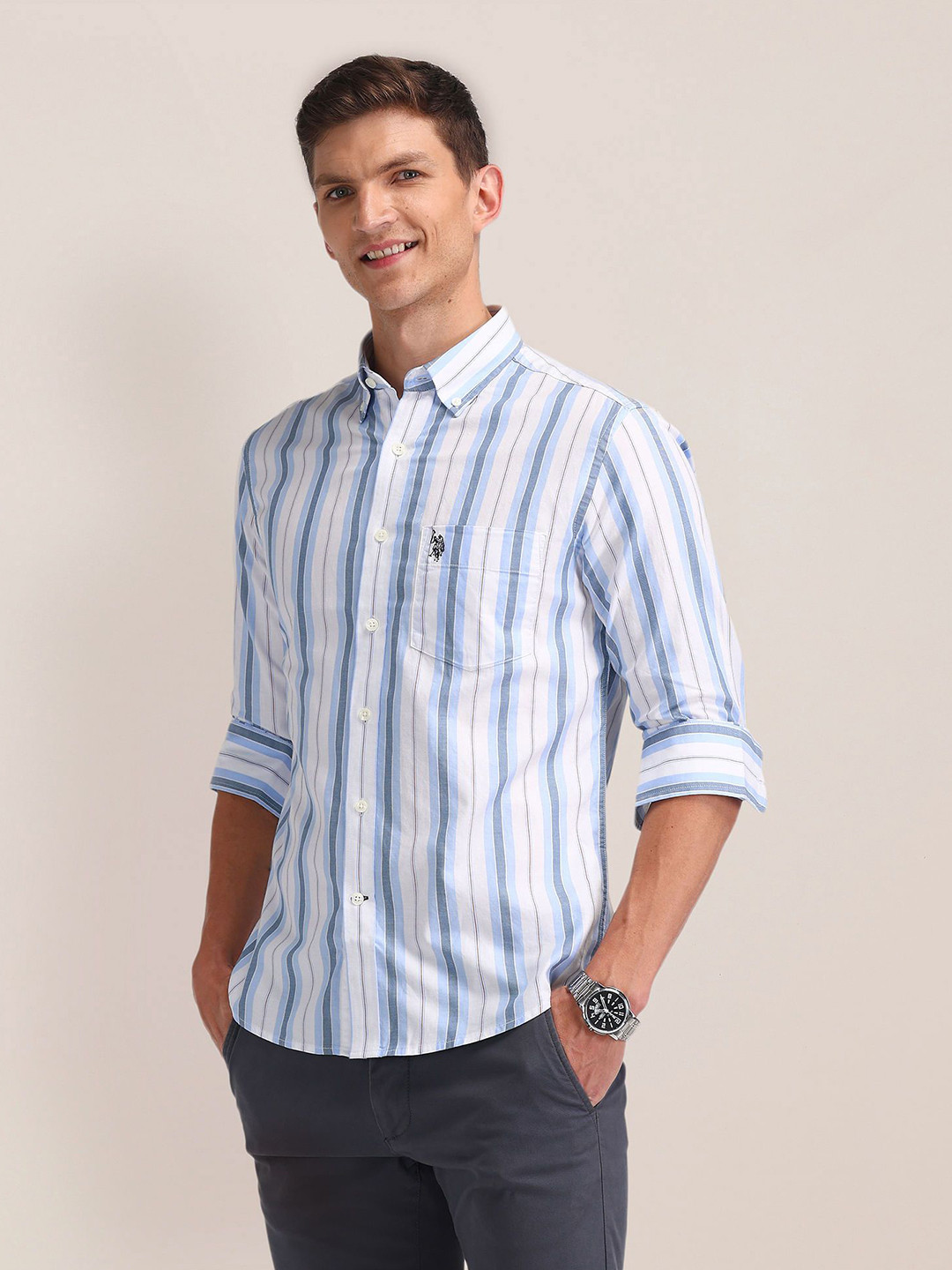 Buy U.S. Polo Assn. Men Classic Button Down Collar Vertical Striped ...