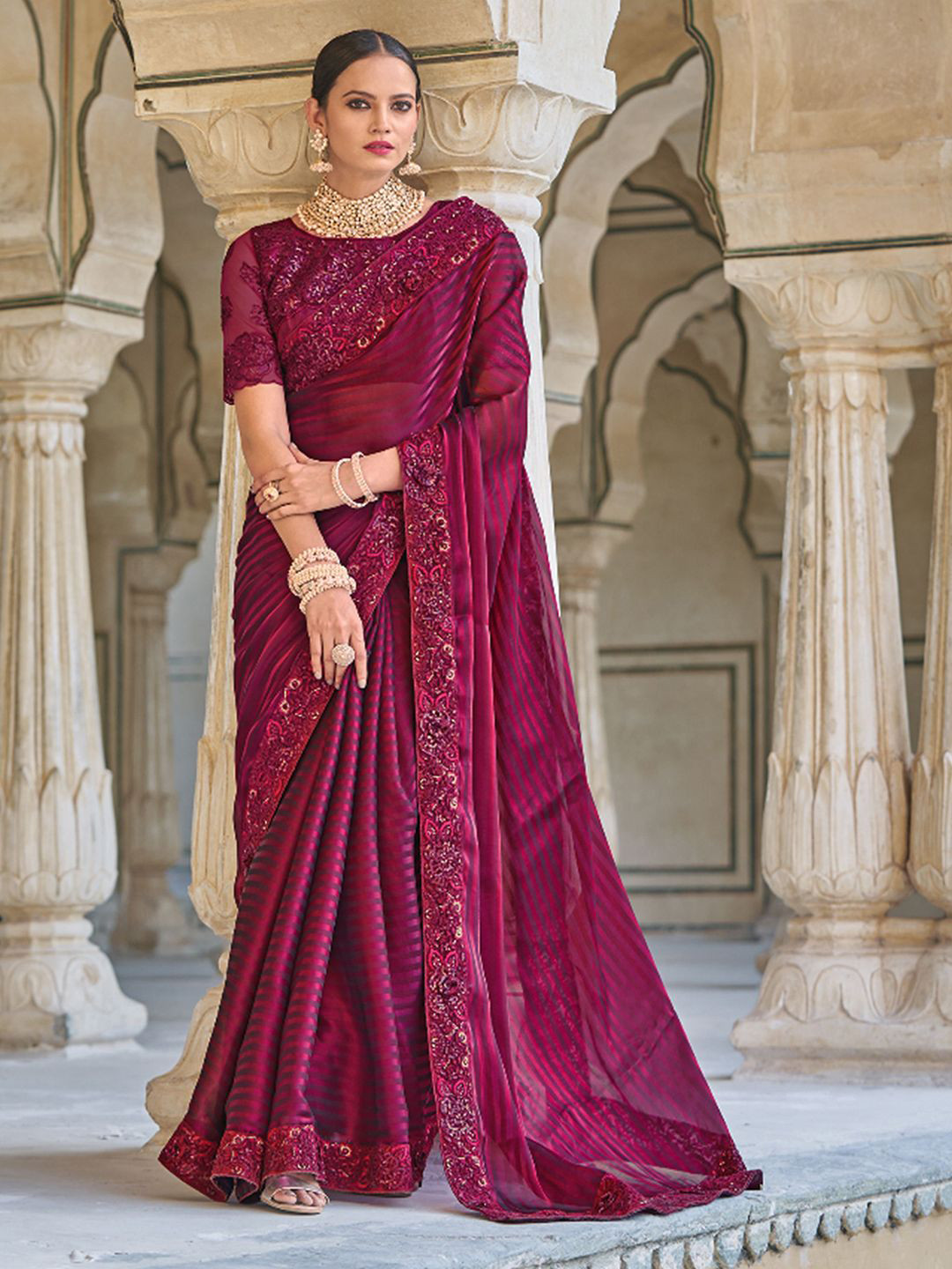 Buy Satrani Ethnic Motifs Sequinned Pure Chiffon Saree - Sarees for ...
