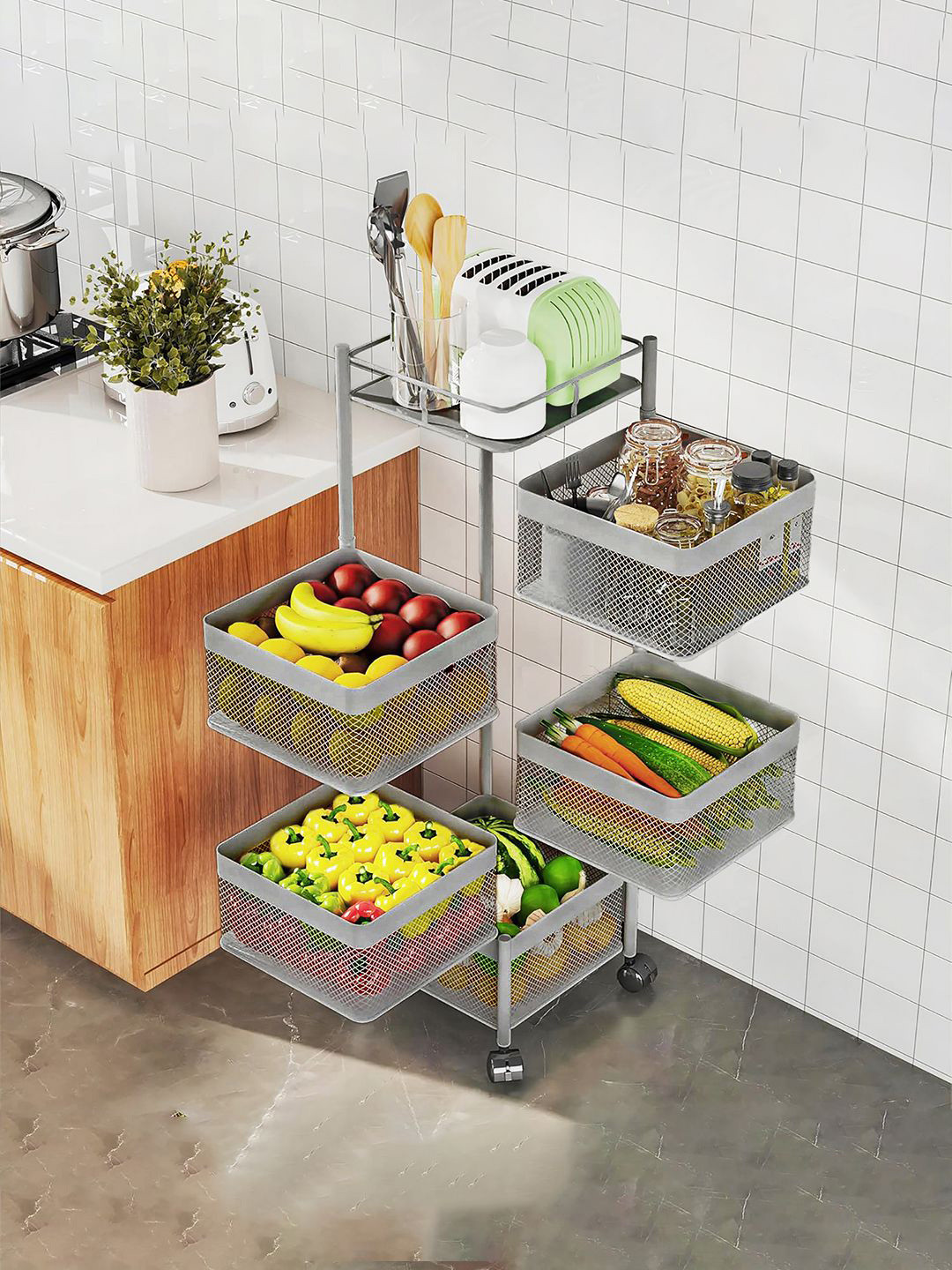 Buy Kuber Industries 5 Tier Square Storage Rack Trolley With Rotating ...