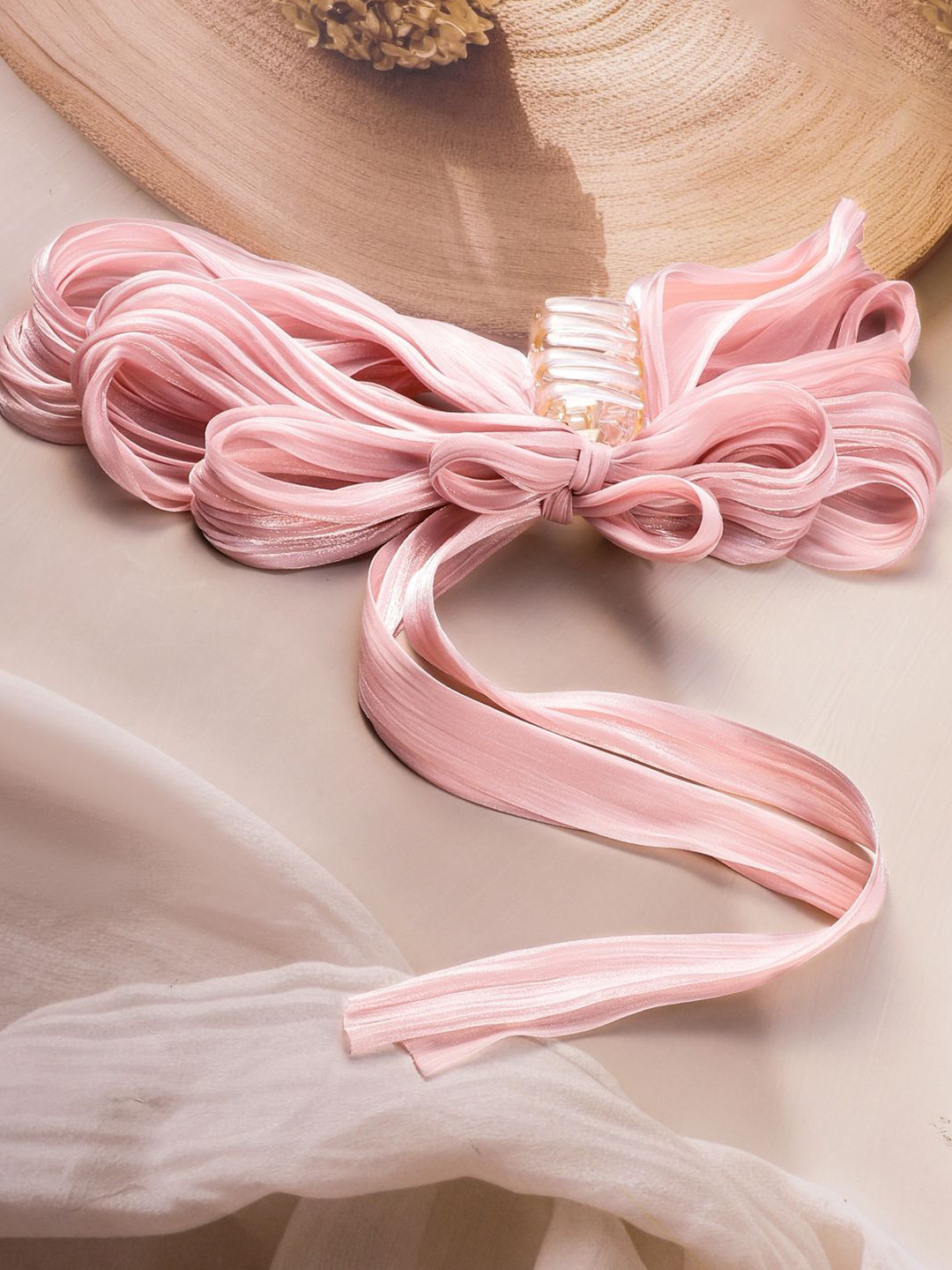 Buy Rubans Shimmering Blush Pink Hair Claw With Flowing Bow Ribbon ...