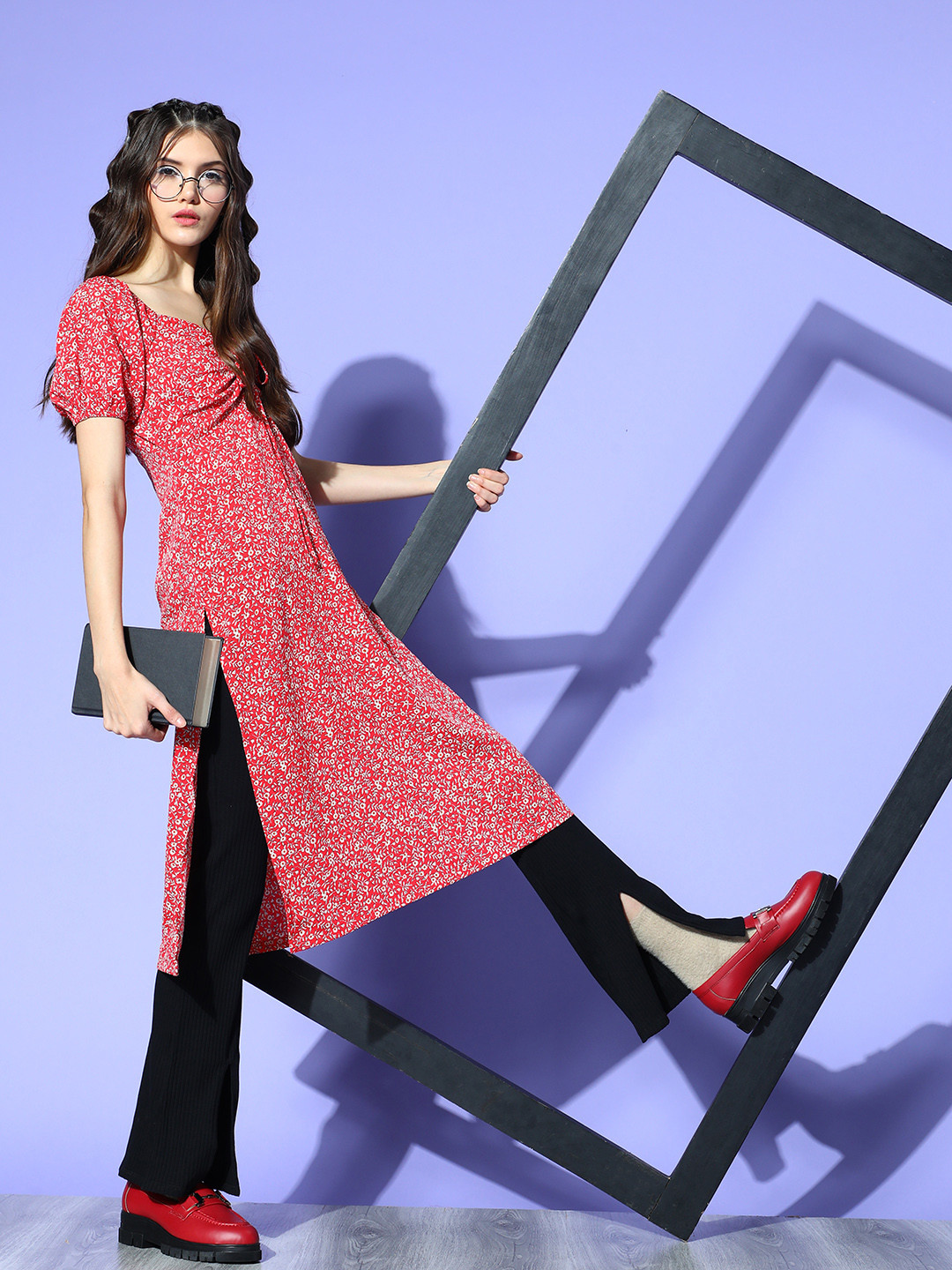 Buy Berrylush Women Red Polyester Fluid Tie Up Kurta - Kurtas for Women ...