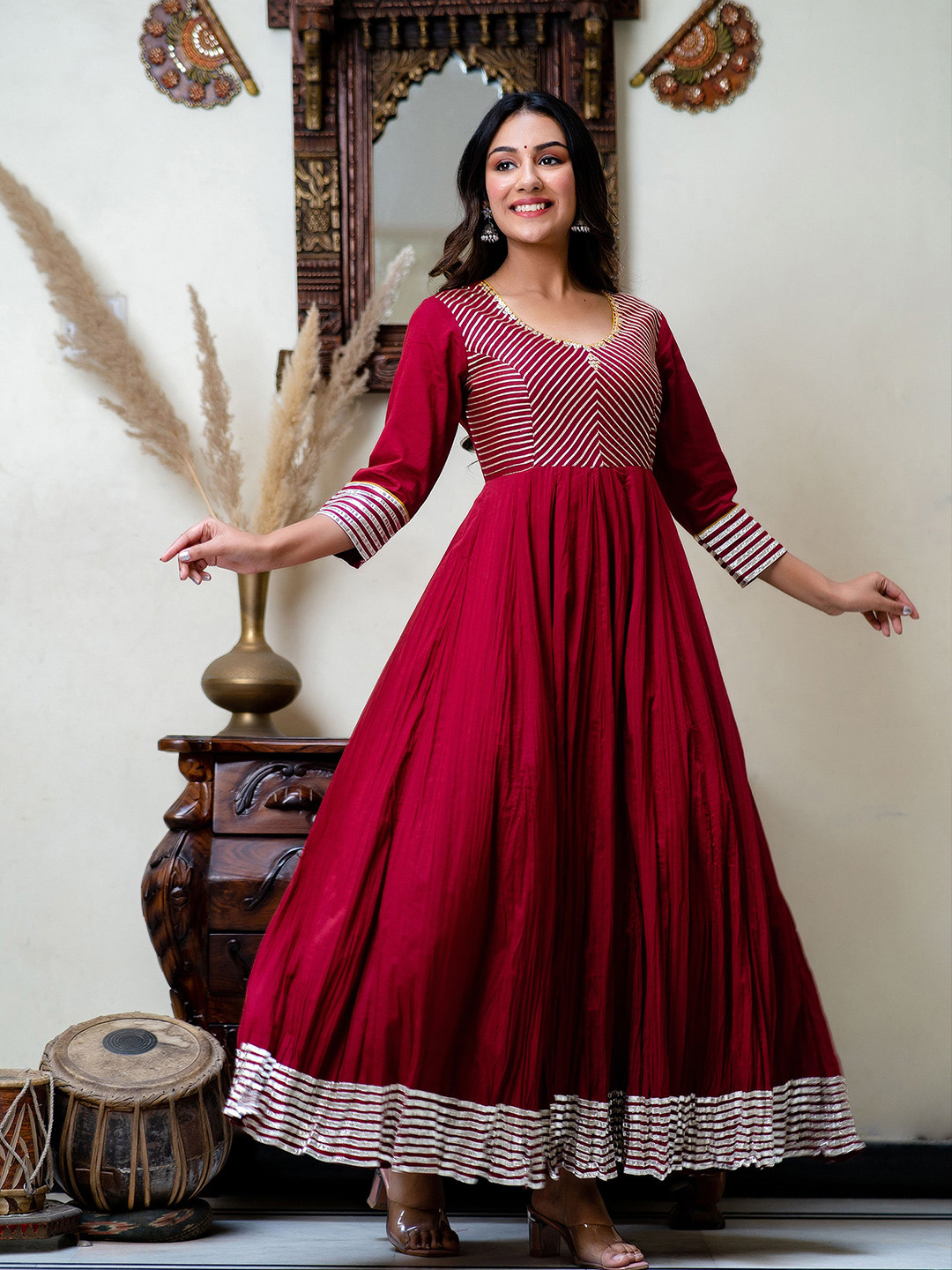 Buy Yufta Women Maroon & Silver Embellished Cotton Anarkali Dress ...