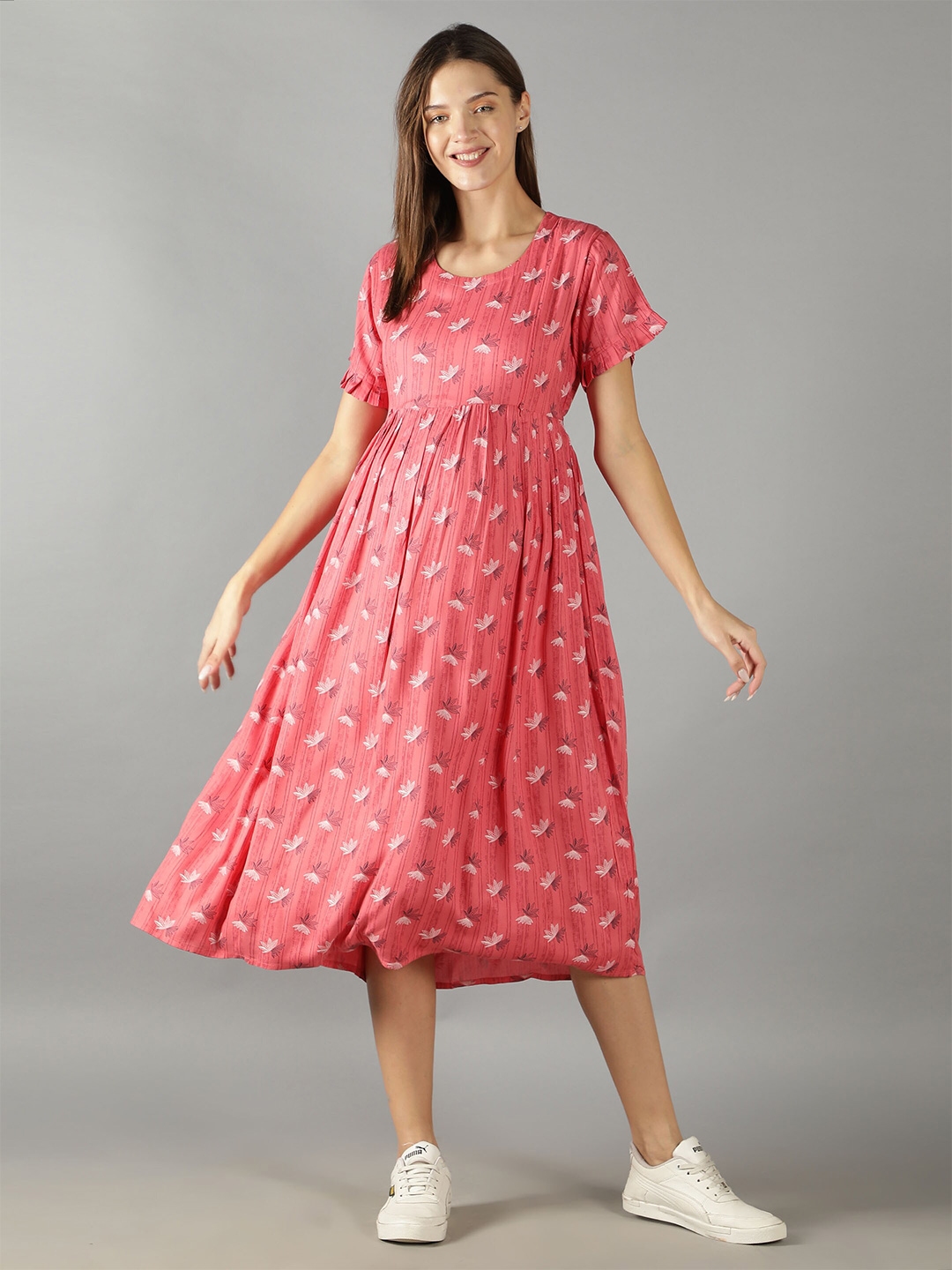 Buy Nightspree Peach Coloured Floral Printed Maternity A Line Midi