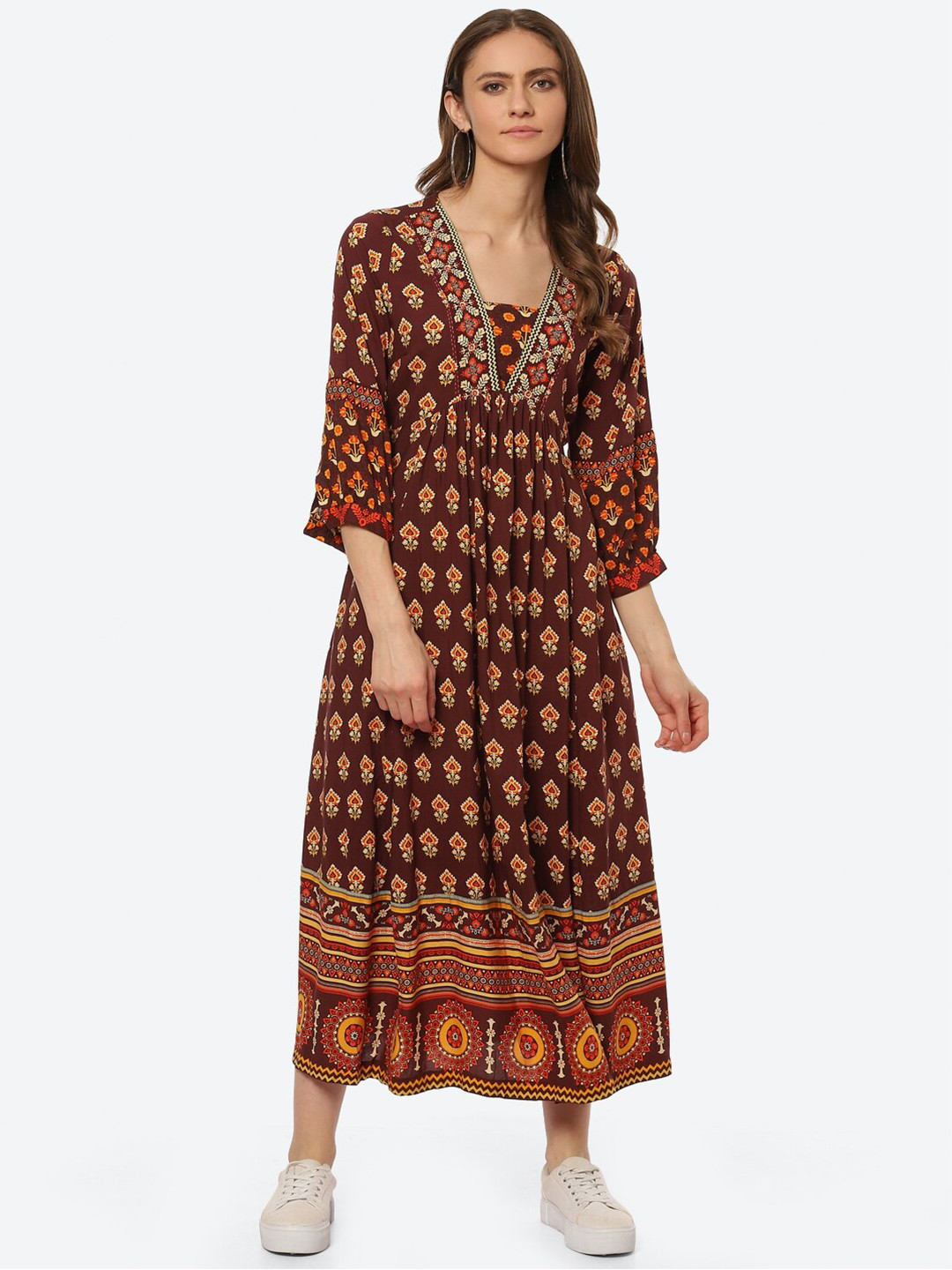 Buy Biba Women Brown Ethnic Motifs Midi Dress - Dresses for Women ...