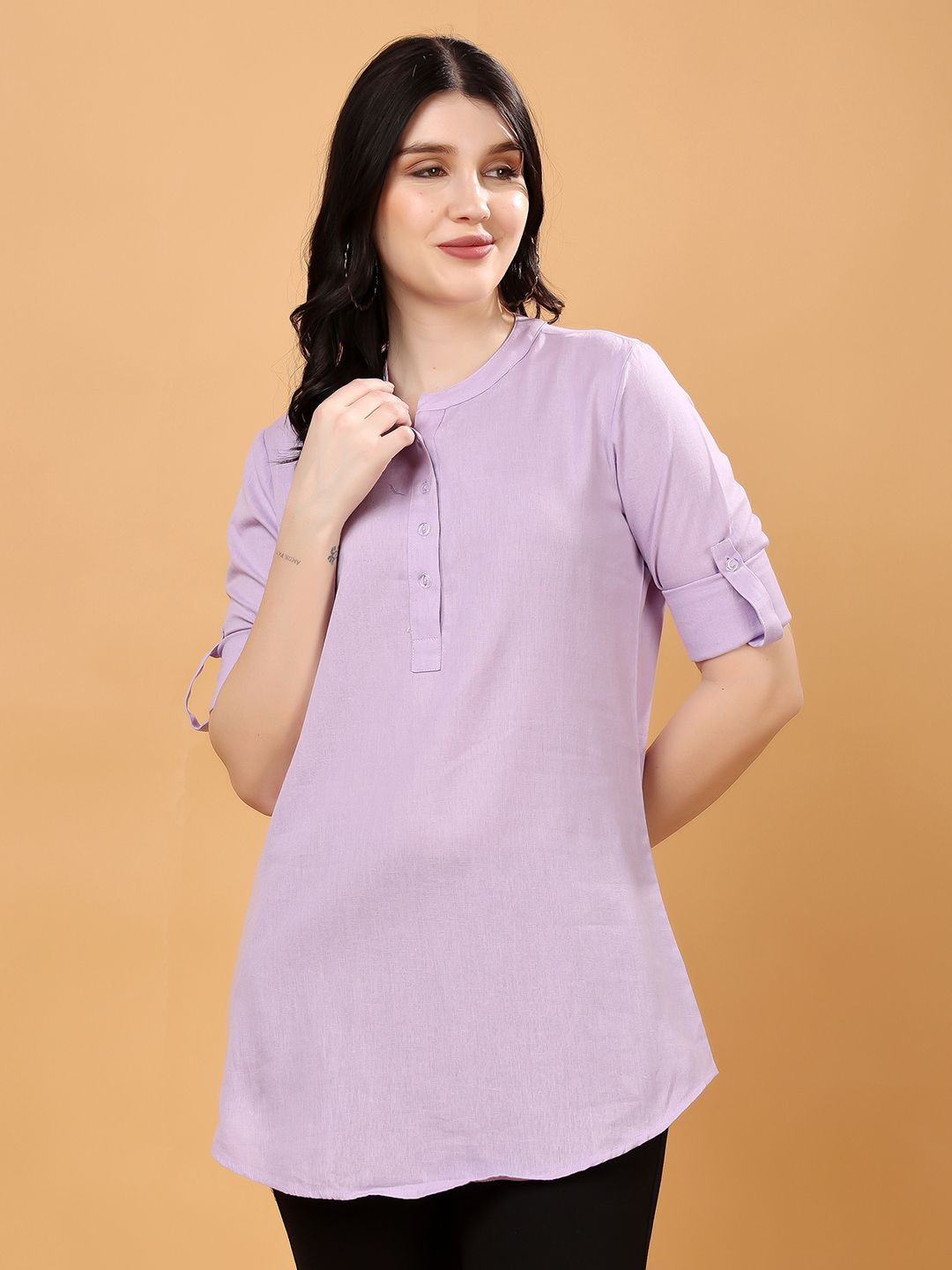 Buy Moda Rapido Women Mandarin Collar Short Sleeves Cotton Tunic ...