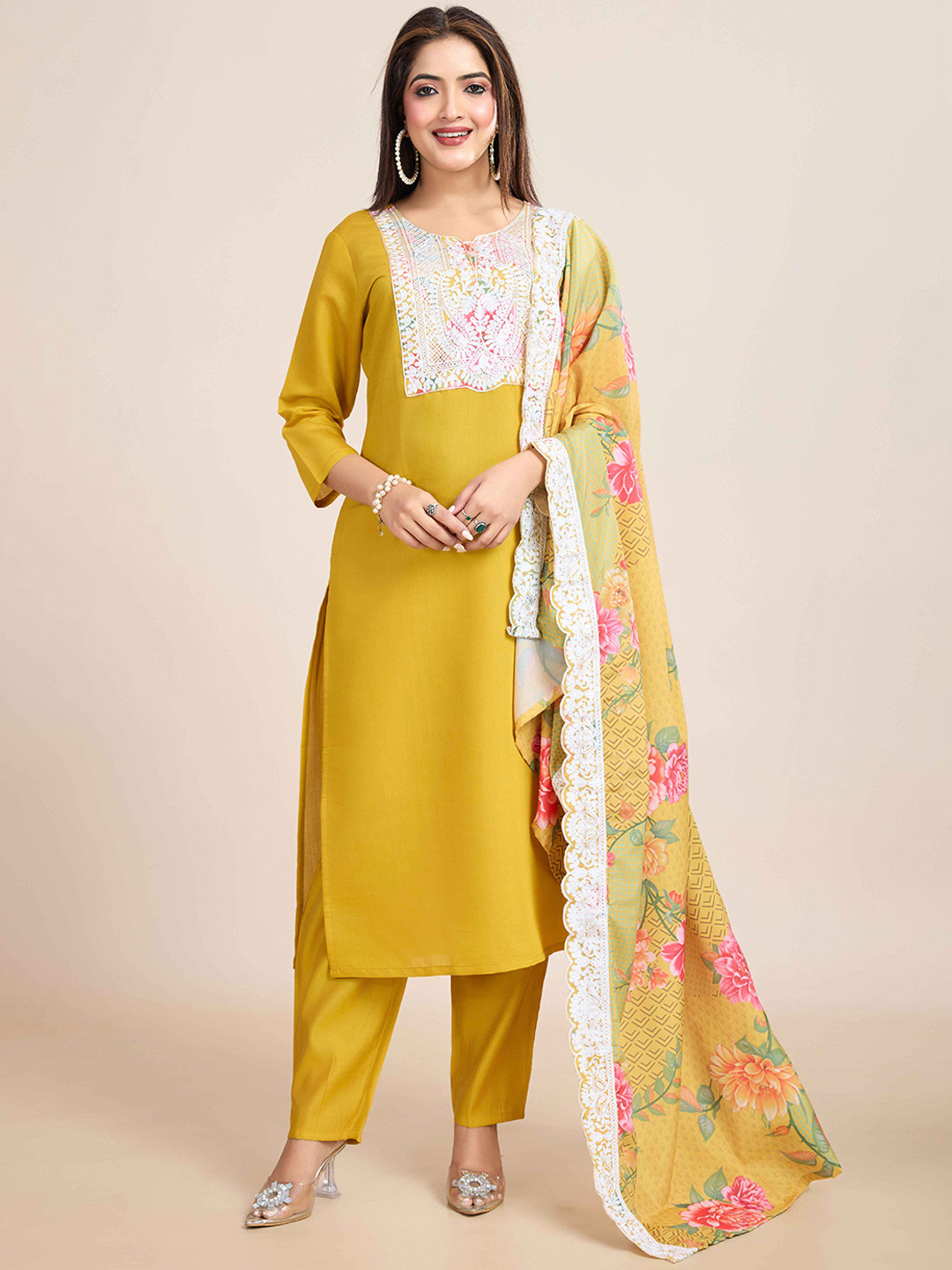 Buy Choiceit Floral Yoke Design Notch Neck Thread Work Straight Kurta With Trousers & Dupatta ...