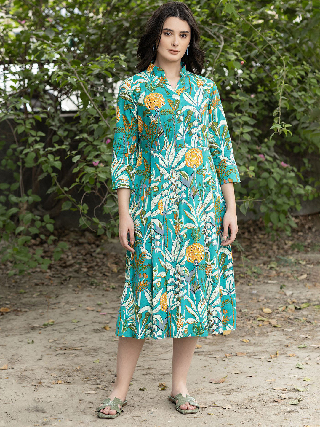 Buy MABISH By Sonal Jain Tropical Print Center Box Pleat Midi Dress ...