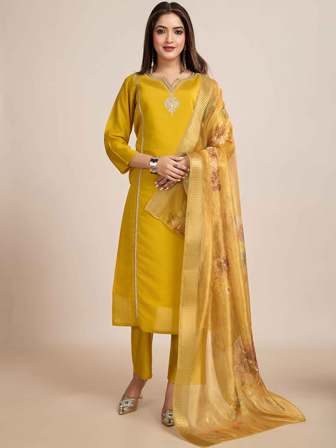 Buy Choiceit Floral Yoke Design Notch Neck Sequinned Straight Kurta With Trousers & Dupatta ...