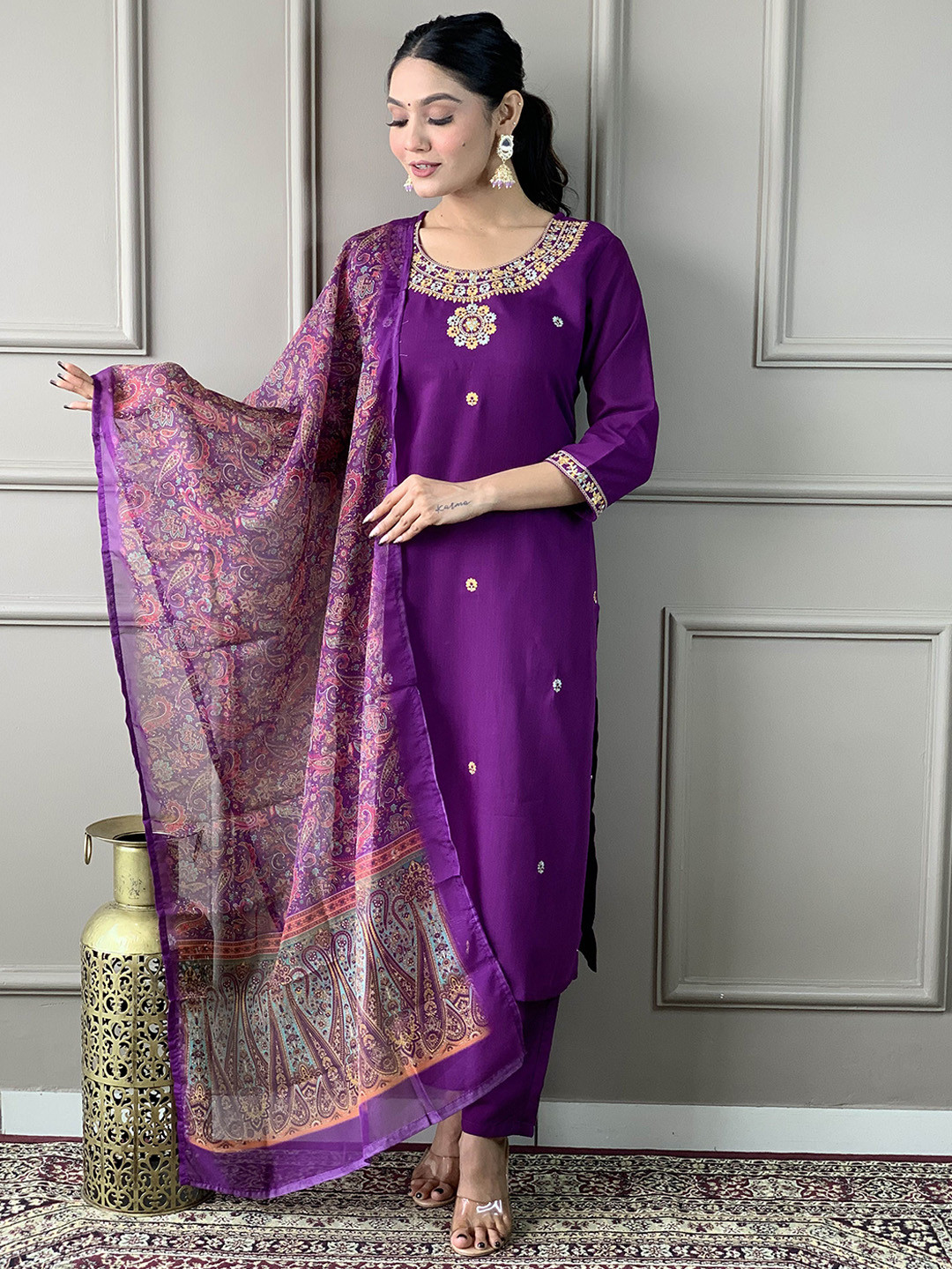 Buy Morang Floral Embroidered Thread Work Round Neck Straight Kurta With Trousers And Dupatta ...
