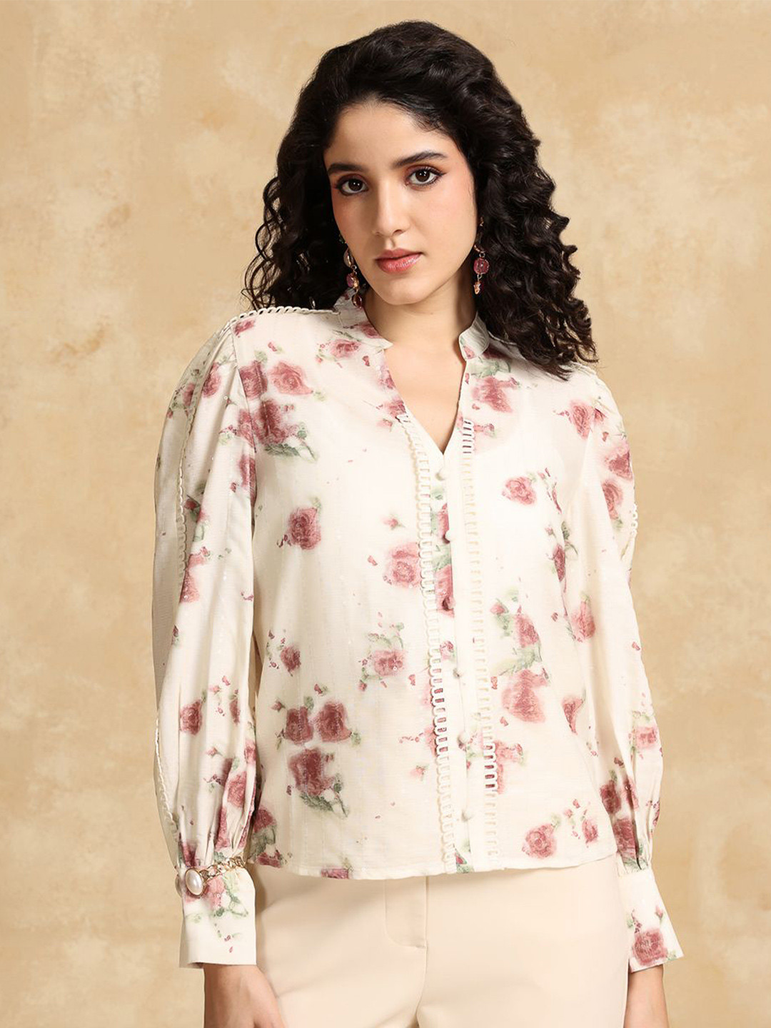 Buy Kazo Women Floral Printed Lace Inserts Mandarin Collar Top - Tops ...