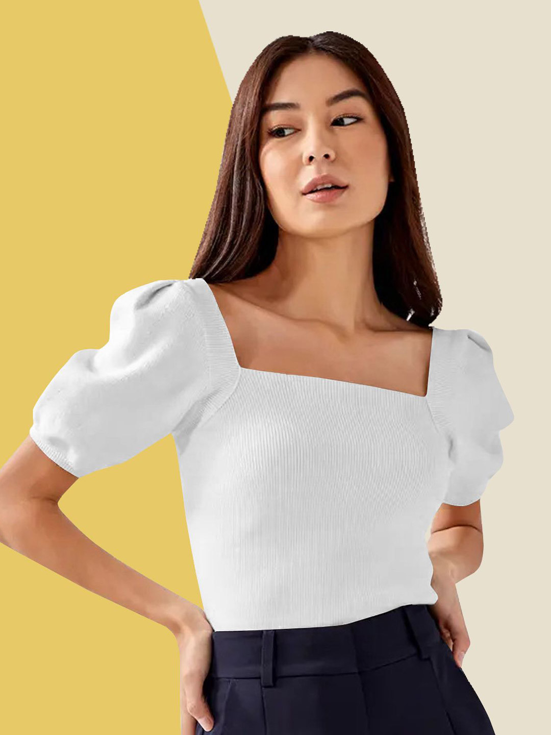 Buy The Cloth Crow Women Ribbed Square Neck Puff Sleeve Top - Tops for ...