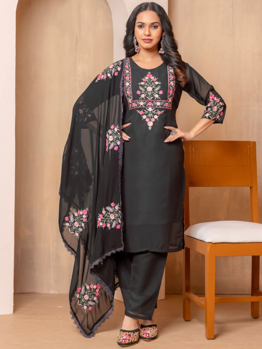 Buy Morang Floral Yoke Design Thread Work Georgette Straight Kurta With Trouser & Dupatta ...