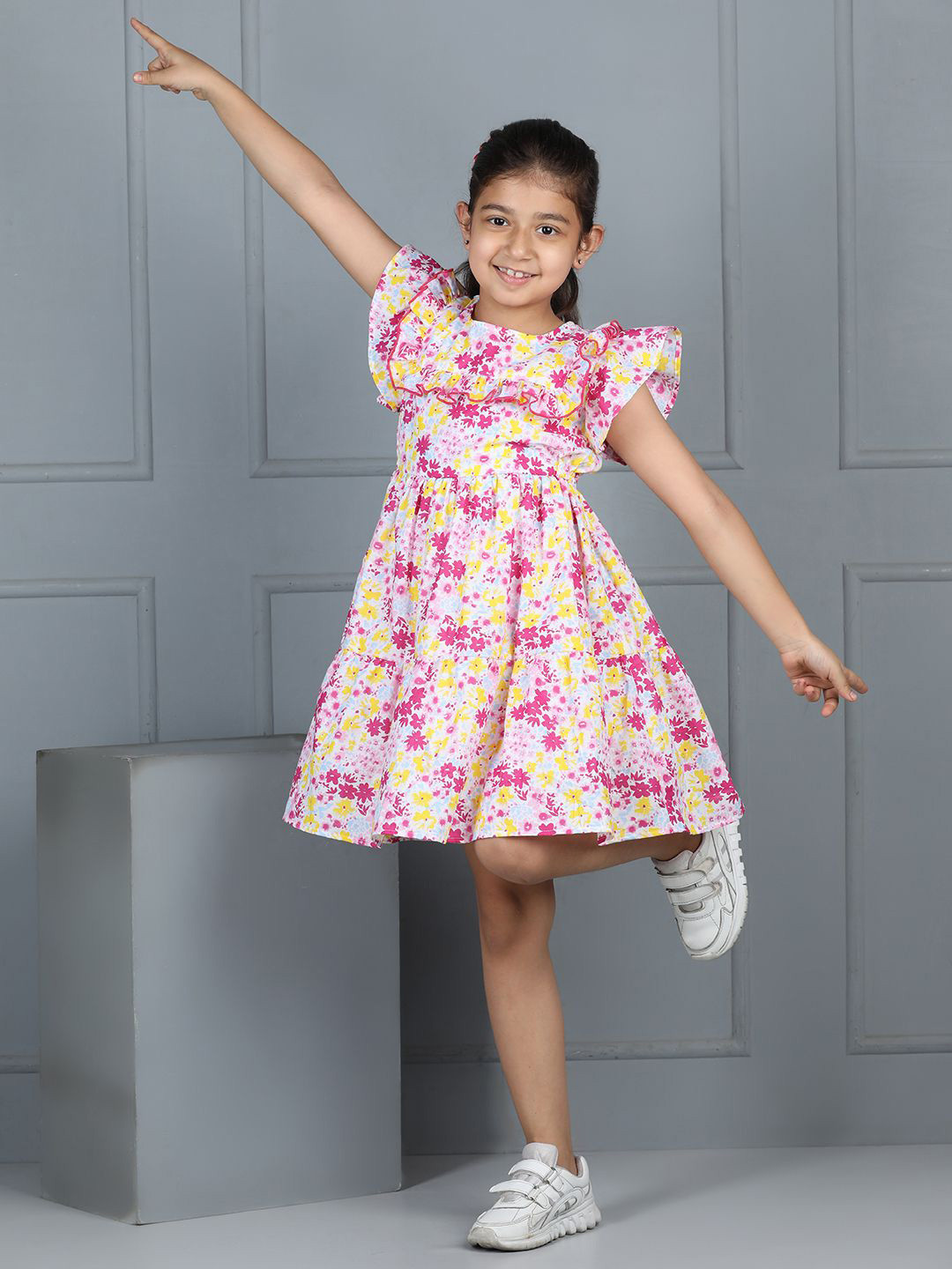 Buy AWW HUNNIE Girls Floral Printed Flutter Sleeves Fit And Flare Dress ...