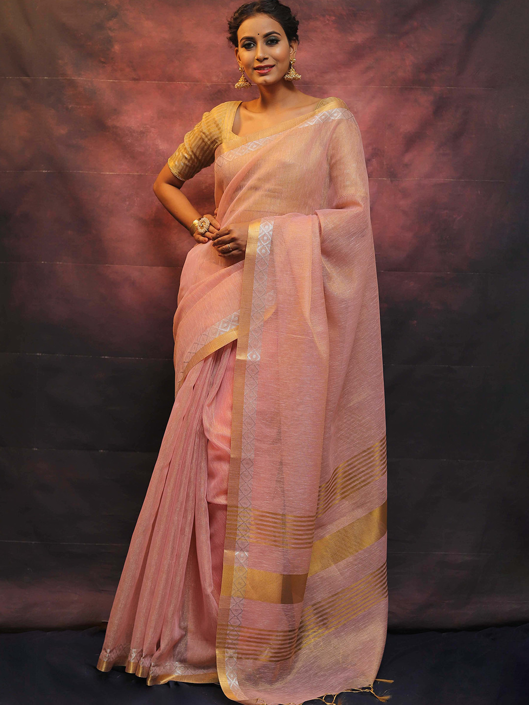 Buy Banarasee Pink Linen Tissue Sona Rupa Zari Work Saree - Sarees for ...
