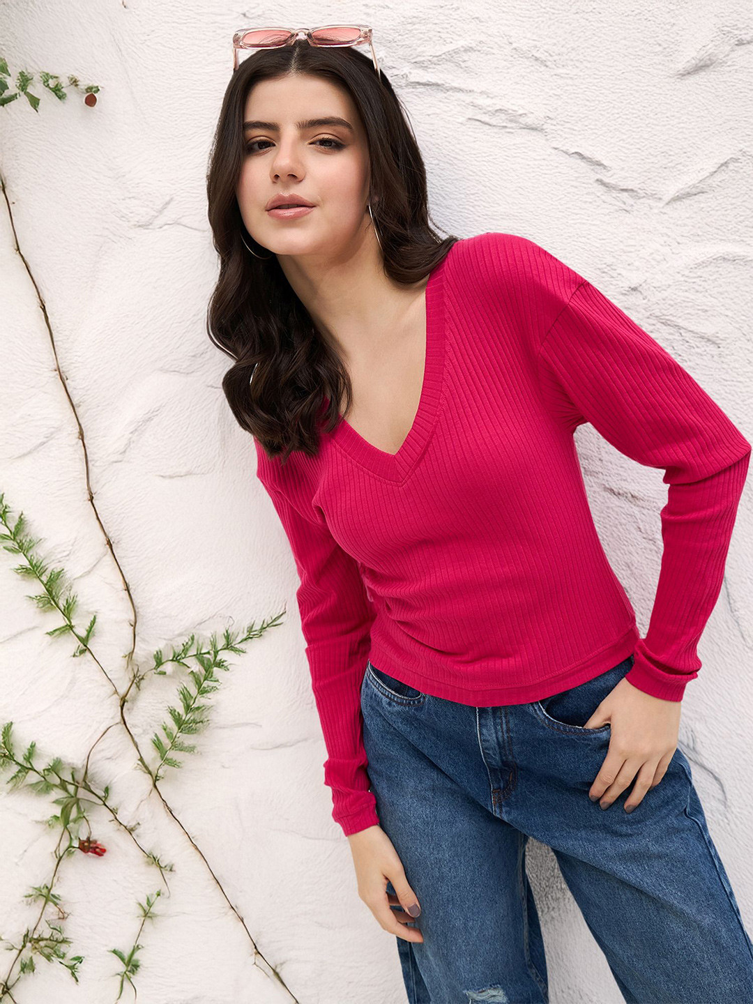 Buy DressBerry Women V Neck Ribbed Top - Tops for Women 33603841 | Myntra