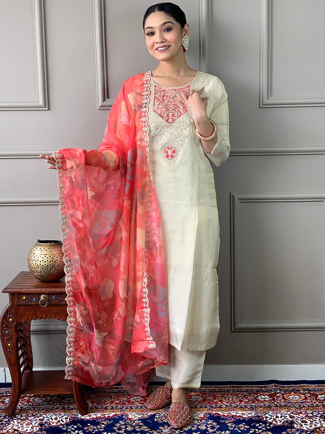 Buy Piludi Women Embroidered Regular Kurta With Trousers & With Dupatta ...