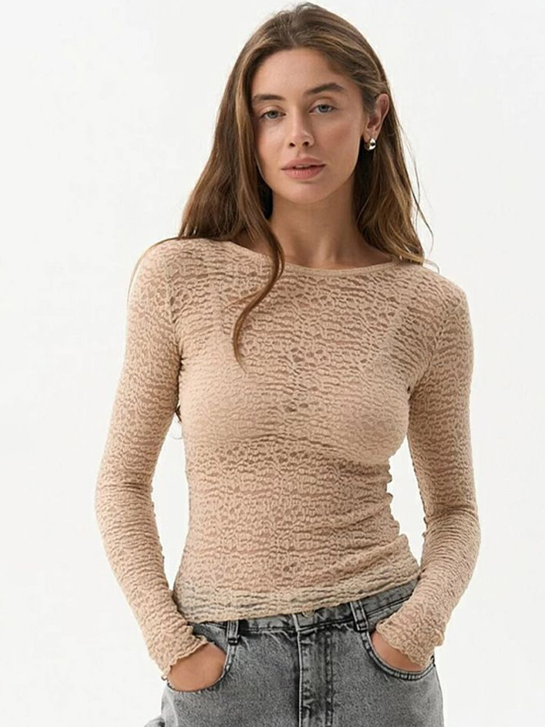Buy HERE&NOW Women Sheer Self Design Fitted Top - Tops for Women ...