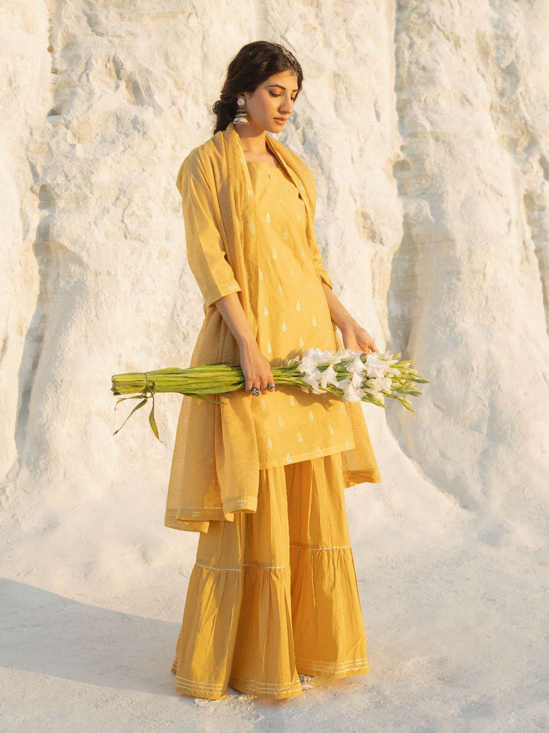 Buy KARAJ JAIPUR Women Ethnic Motifs Embroidered Musturd Yellow ...