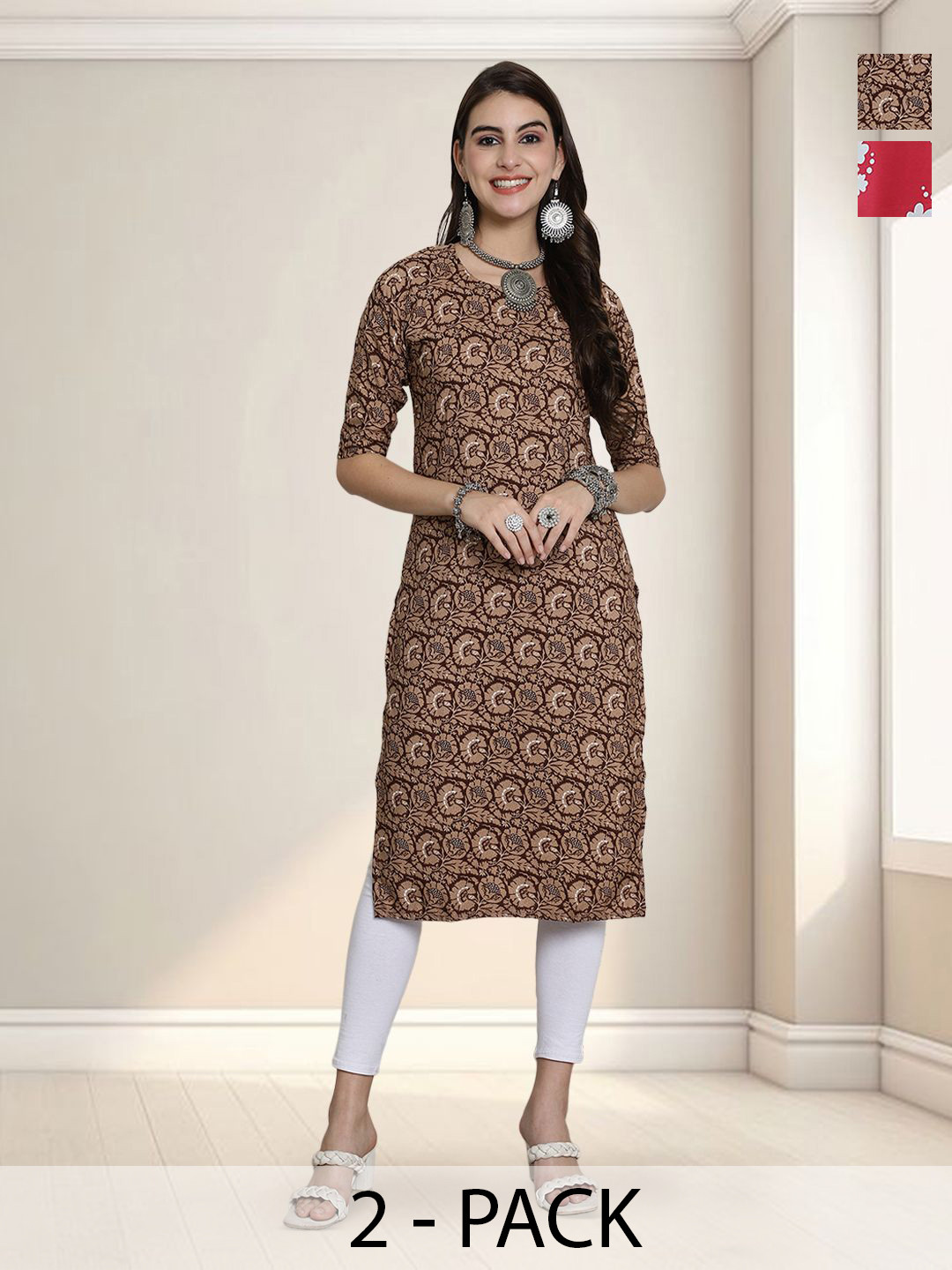 Buy HERE&NOW Women Pack Of 2 Ethnic Motifs Printed Straight Crepe Kurta ...