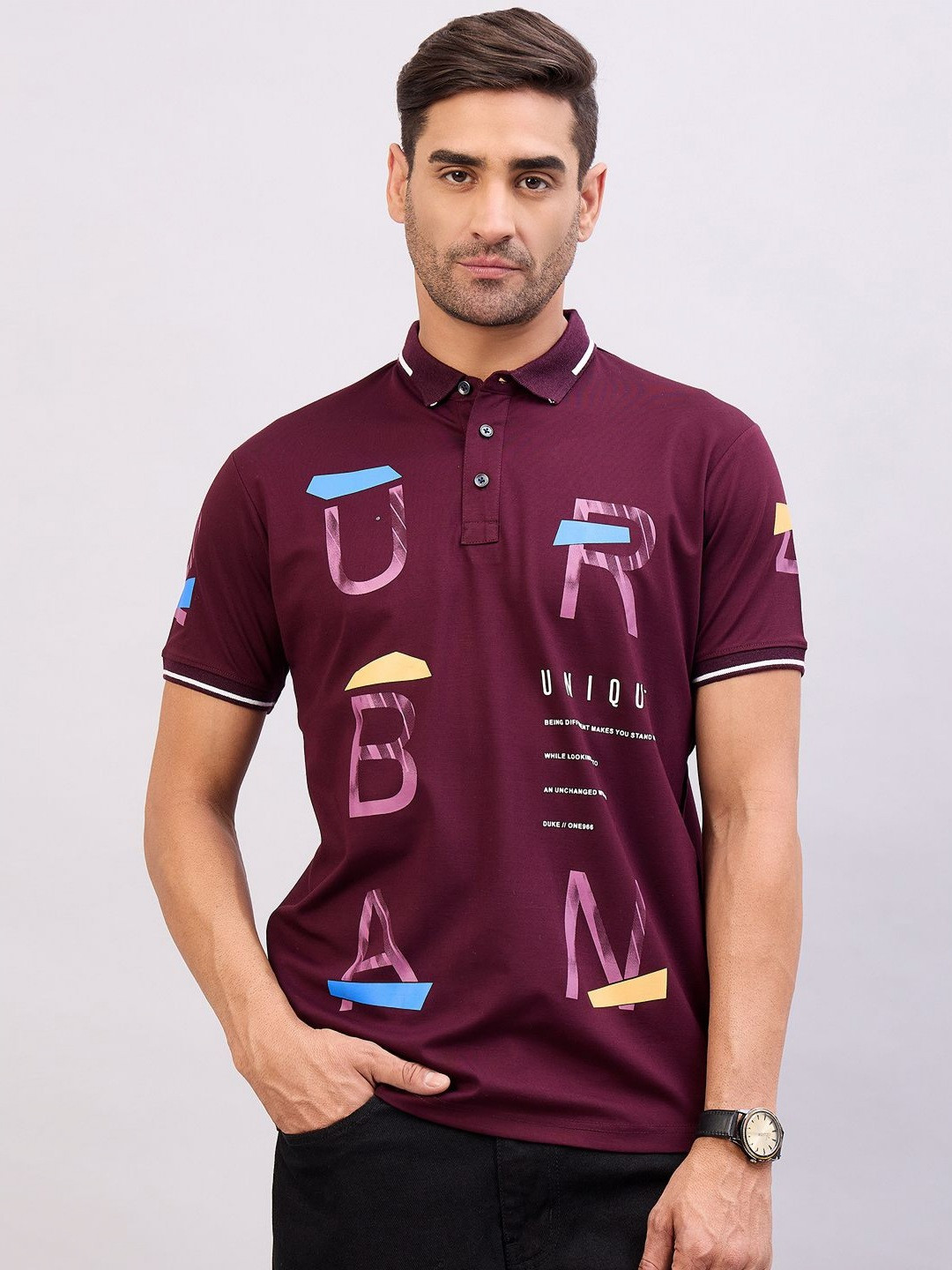 Buy Duke Men Typography Printed Polo Collar Cotton Slim Fit T Shirt ...