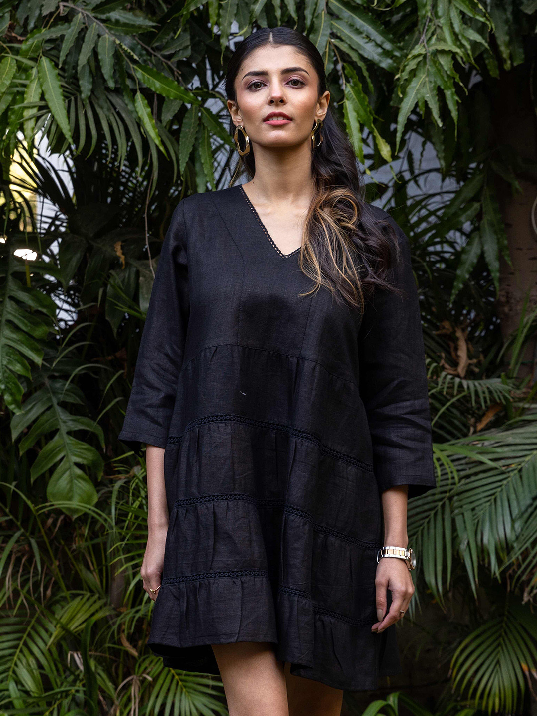 Buy INAAYA JAIPUR Women Linen Tiered Above Knee A Line Dress - Dresses ...