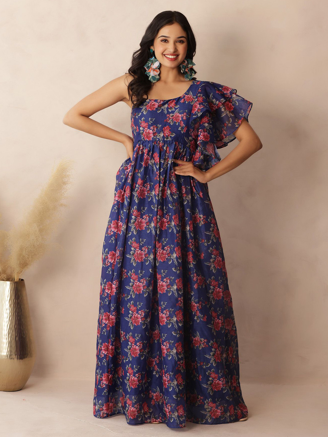 Buy DEASHA INDIA Women Floral Print Asymmetric Neck Fit & Flare Maxi ...