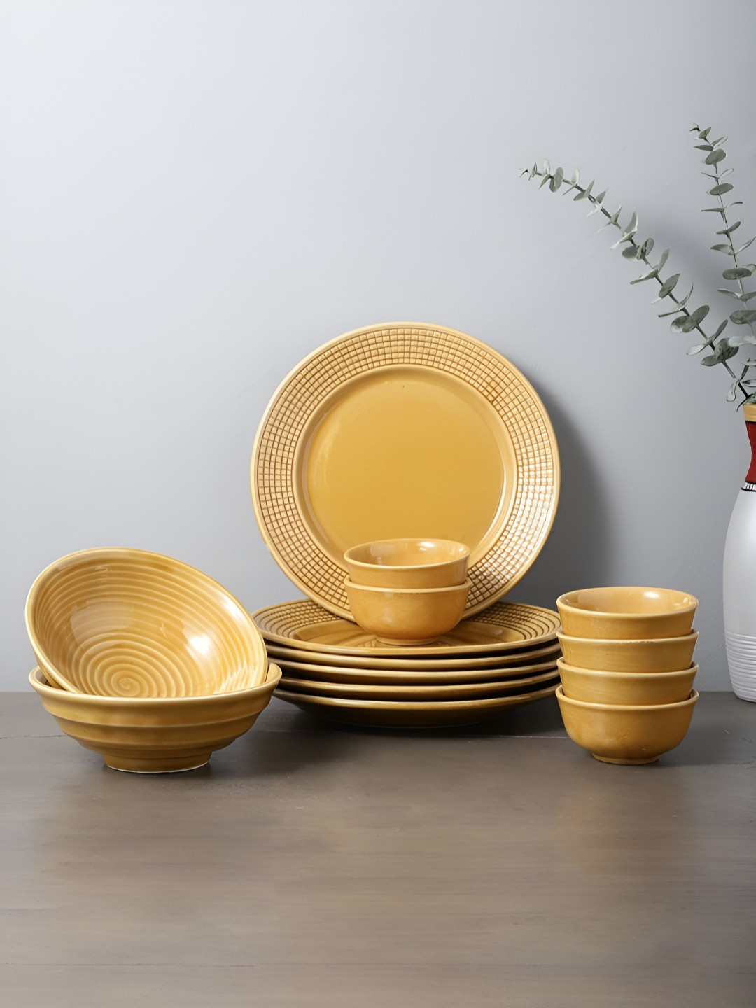 Buy VarEesha Mustard 14 Pieces Ceramic Dishwasher And Microwave Safe ...
