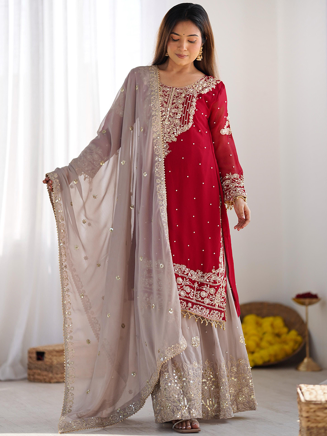 Buy CANIZZARO Women Ethnic Motifs Embroidered Regular Beads And Stones Kurta With Palazzos ...