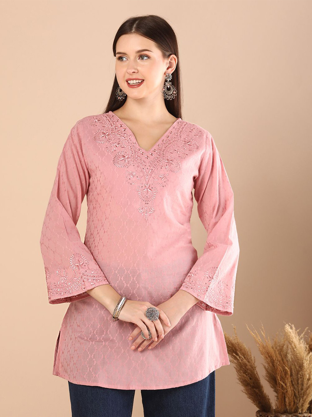 Buy FASHOR Floral Embroidered V Neck Thread Work Pure Cotton Thread ...