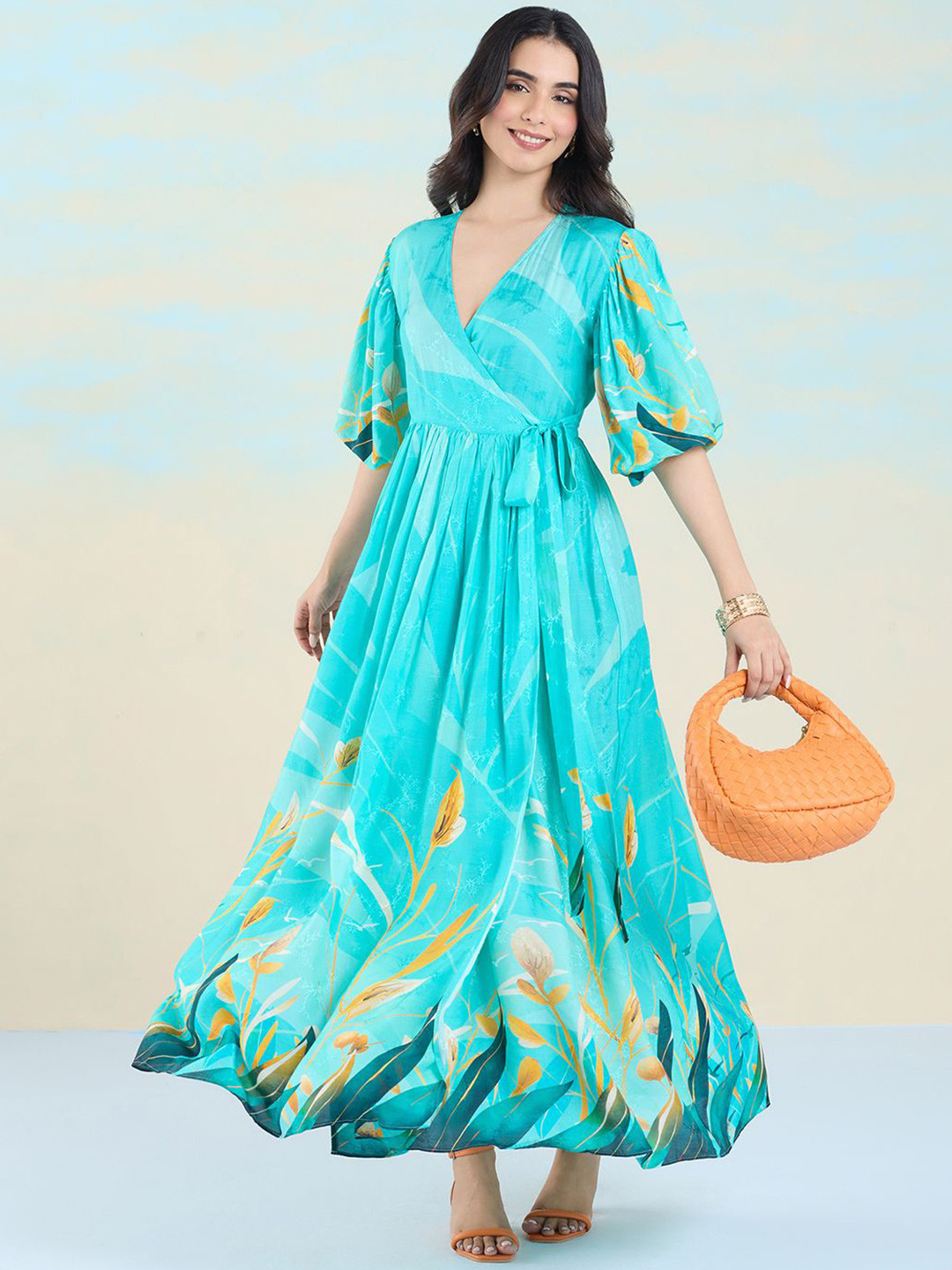Buy Navyasa By Liva Floral Print Belted Flared Sleeve V Neck Maxi Dress ...