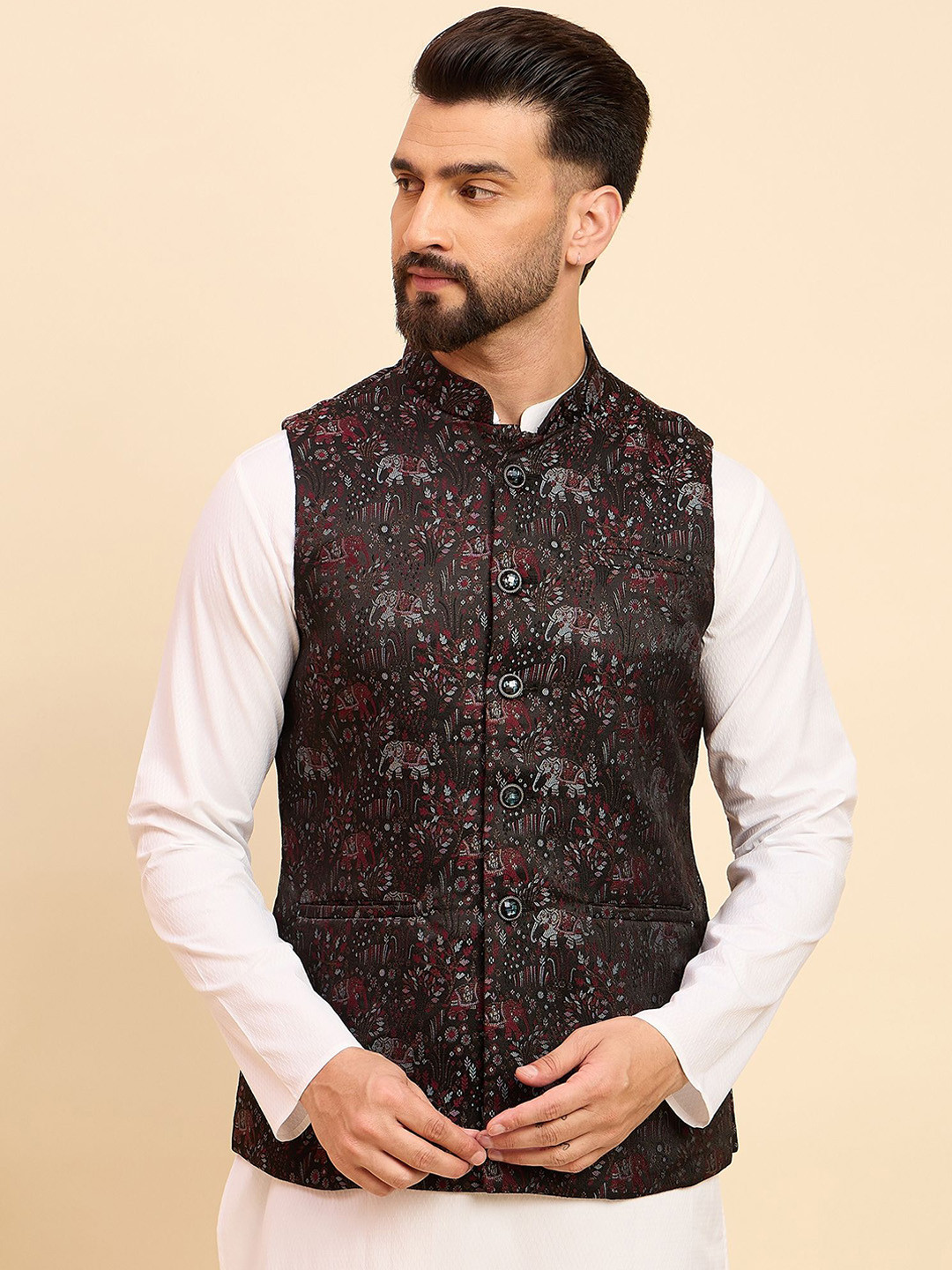 Buy House Of Pataudi Men Woven Design Mandarin Collar Nehru Jacket ...