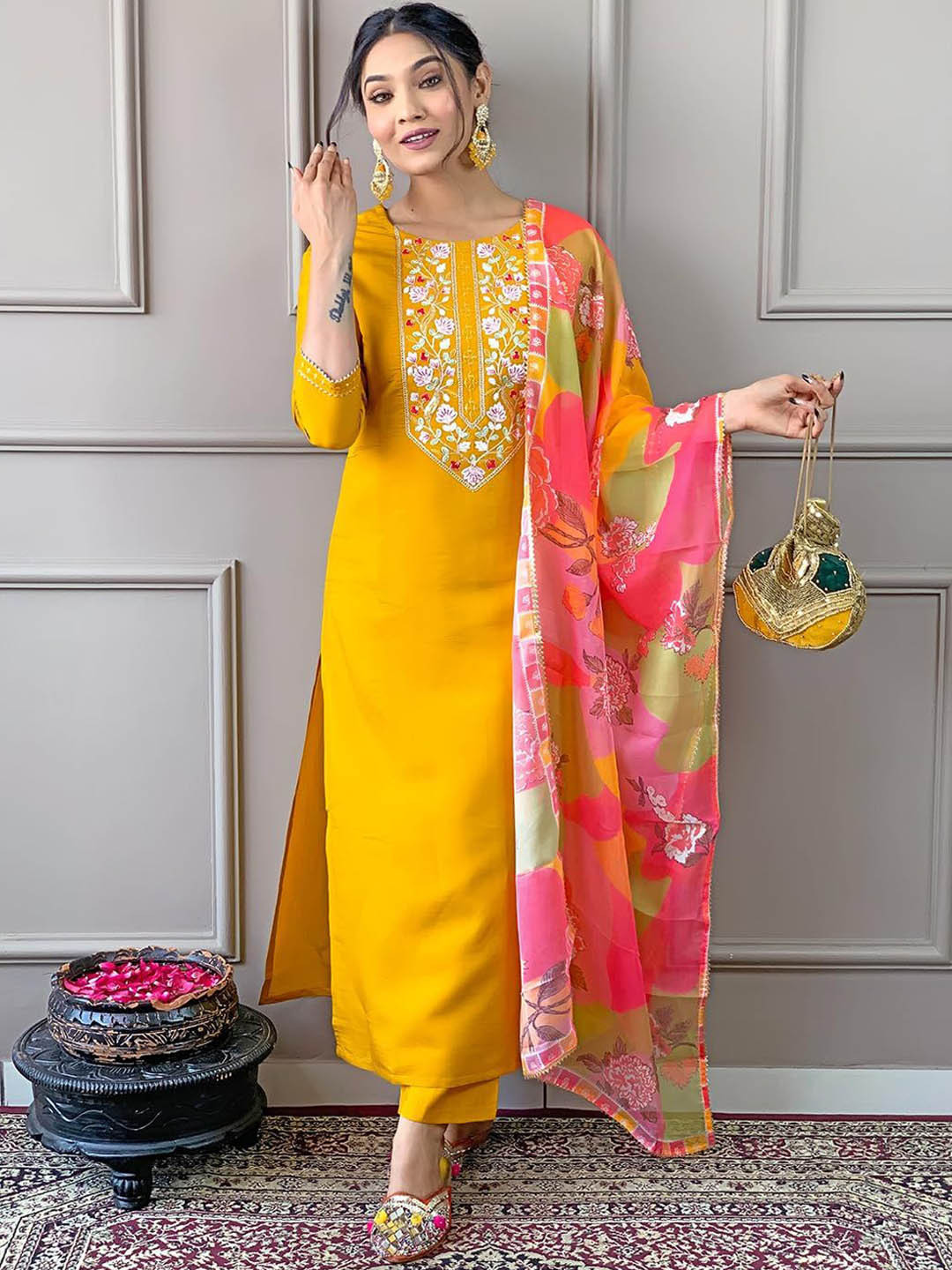 Buy BAESD Women Floral Embroidered Kurta With Trousers & Dupatta ...