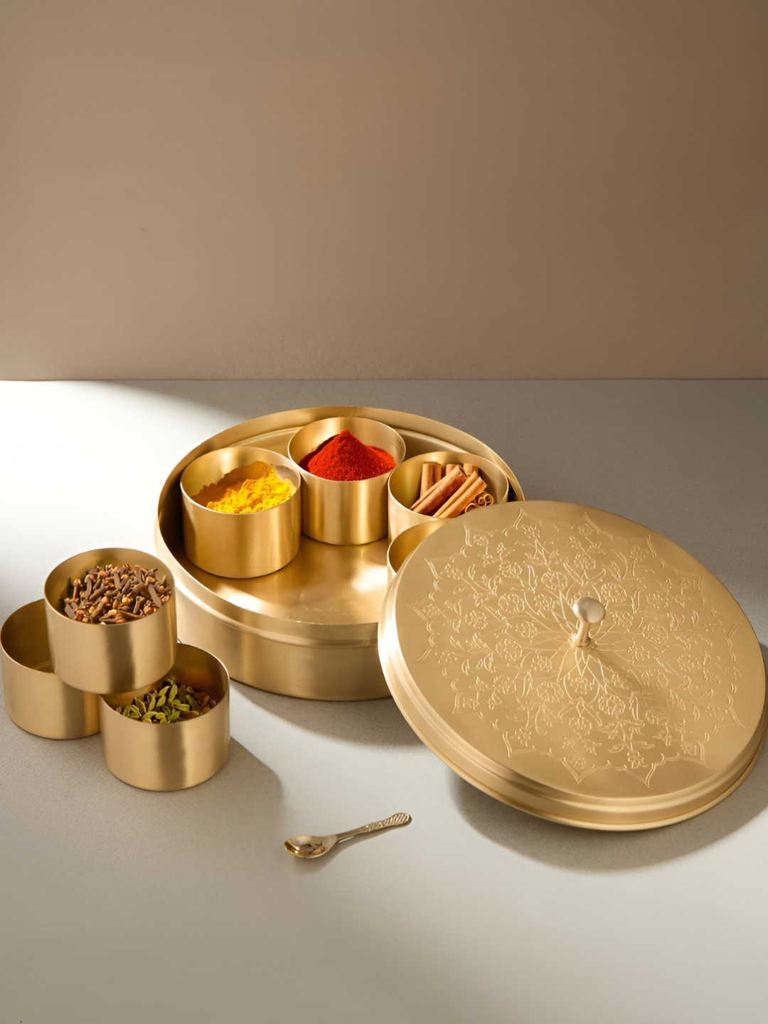 Buy Fabindia Gold Toned Floral Etched Brass Spice Box With Spoon ...