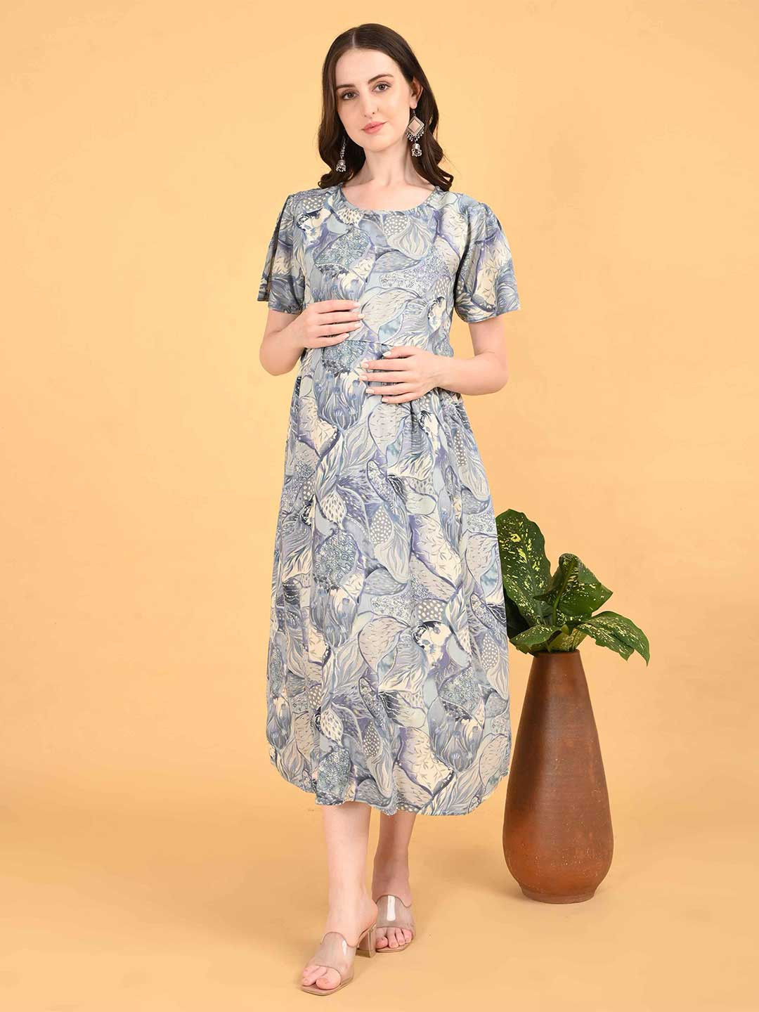 Buy GOLDSTROMS Women Floral Print Belted Maternity A Line Midi Dress ...