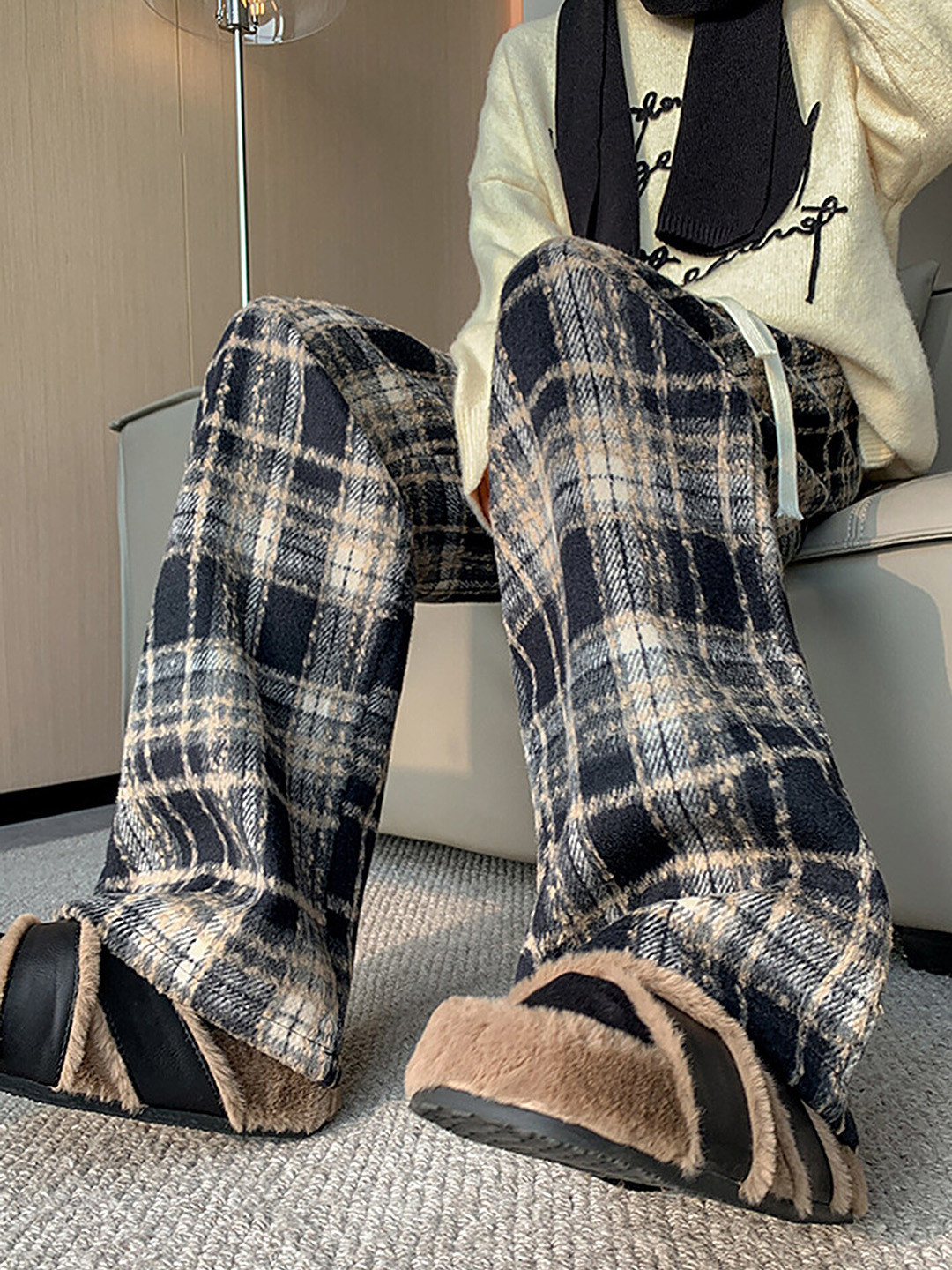 Buy LULU & SKY Women Checked Loose Fit High Rise Trousers - Trousers ...