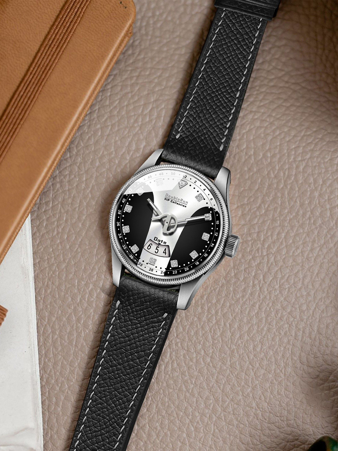 Buy DOUBLERUN Men Embellished Dial & Leather Straps Analogue Watch ...