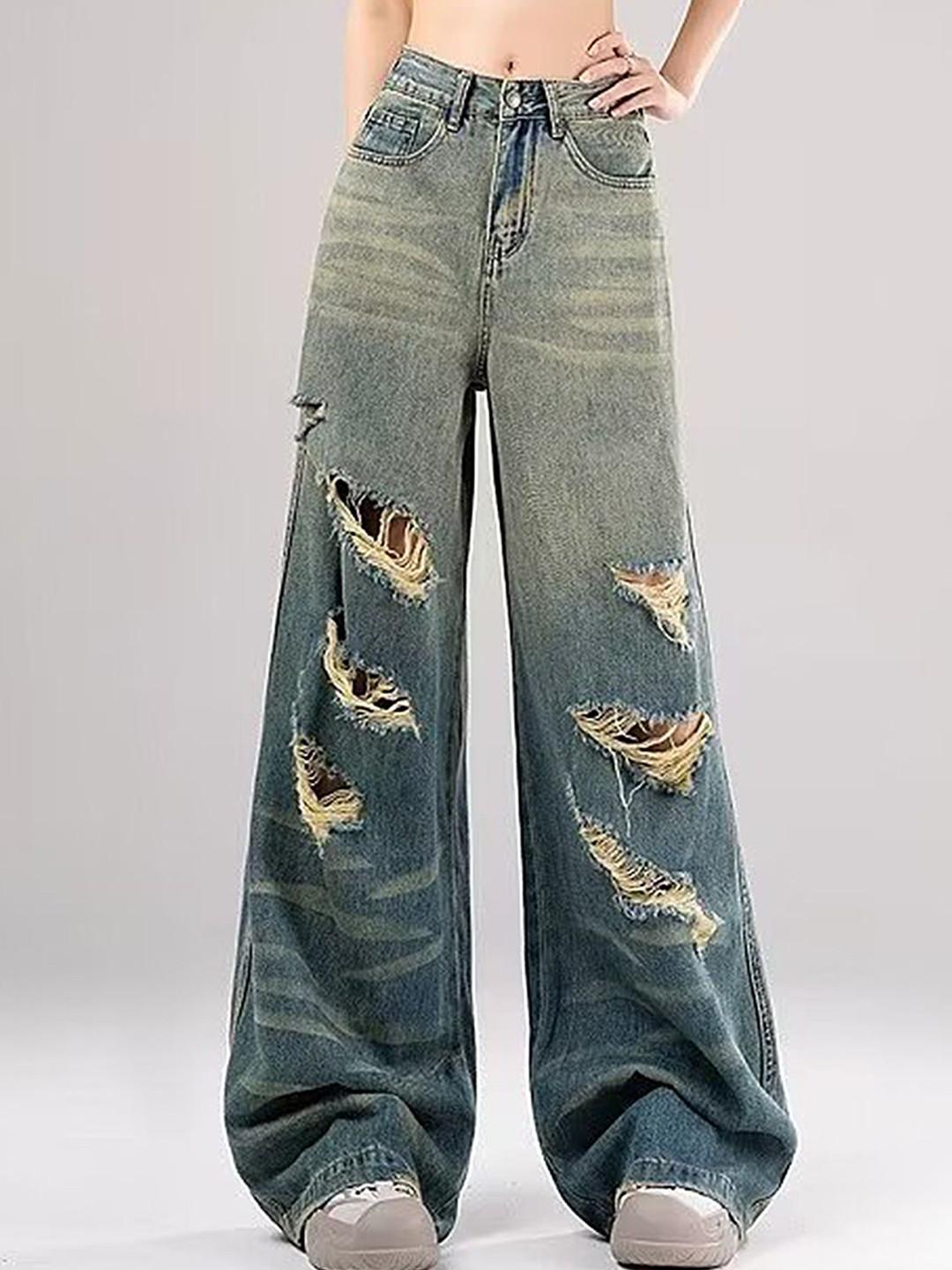 Buy LULU & SKY Women Wide Leg Mid Rise Highly Distressed Jeans - Jeans ...