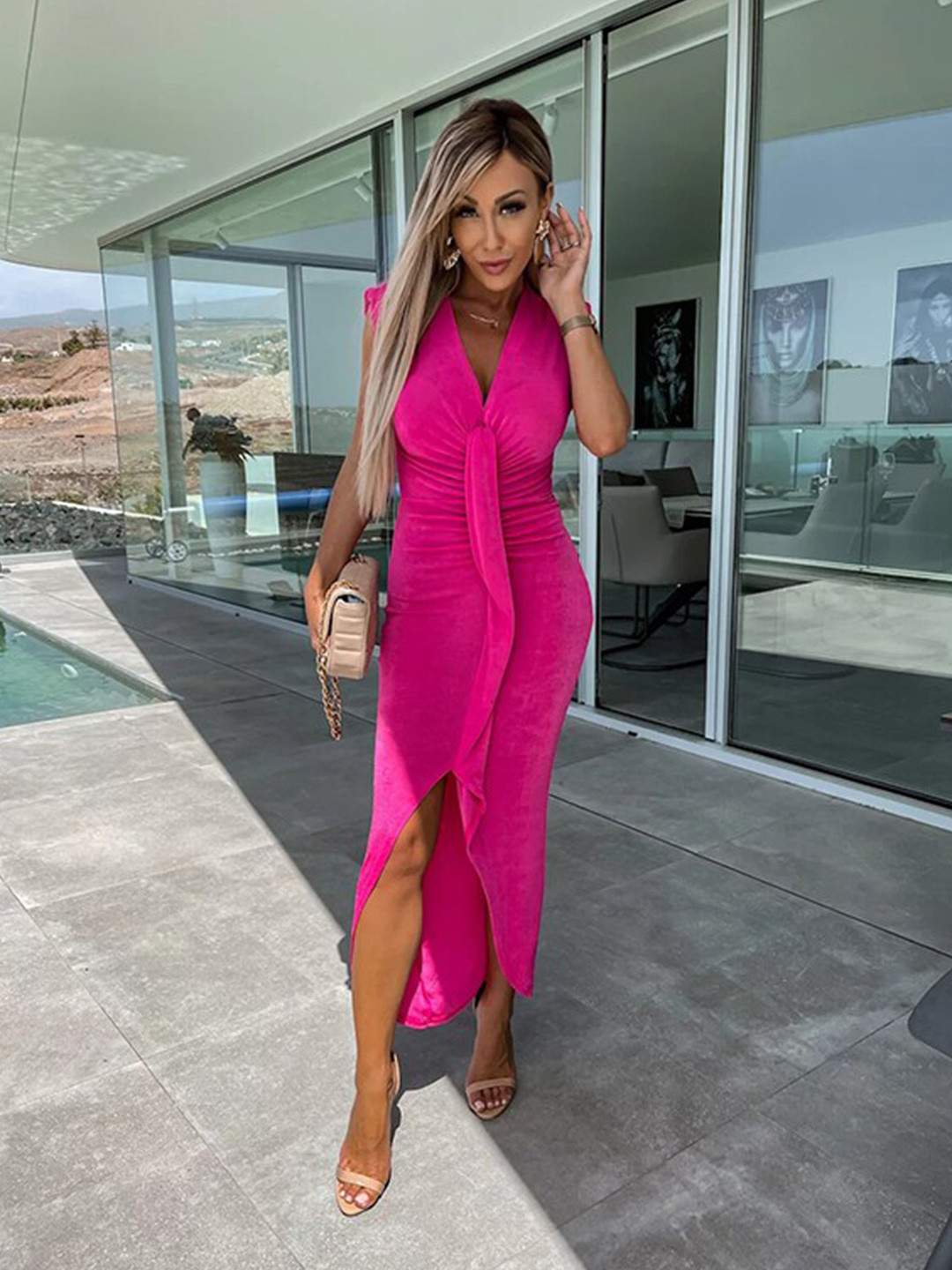 Buy StyleCast Pink V Neck Sleeveless Sheath Midi Dress - Dresses for ...