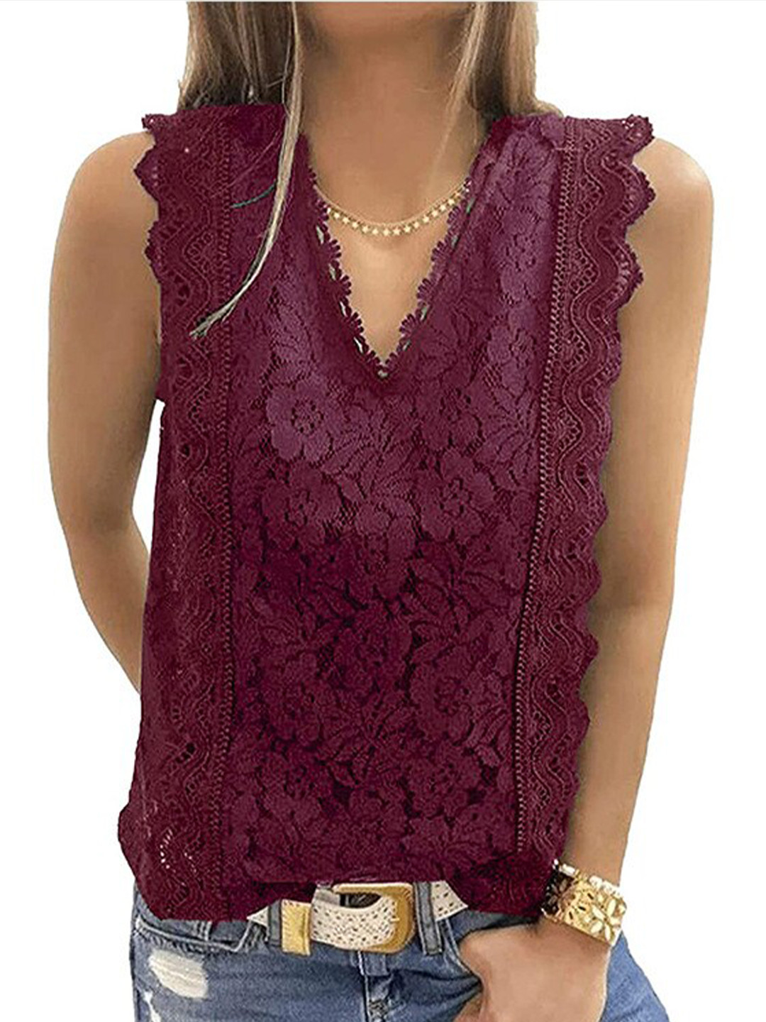 Buy StyleCast Burgundy Self Design Sleeveless V Neck Net Top - Tops for ...