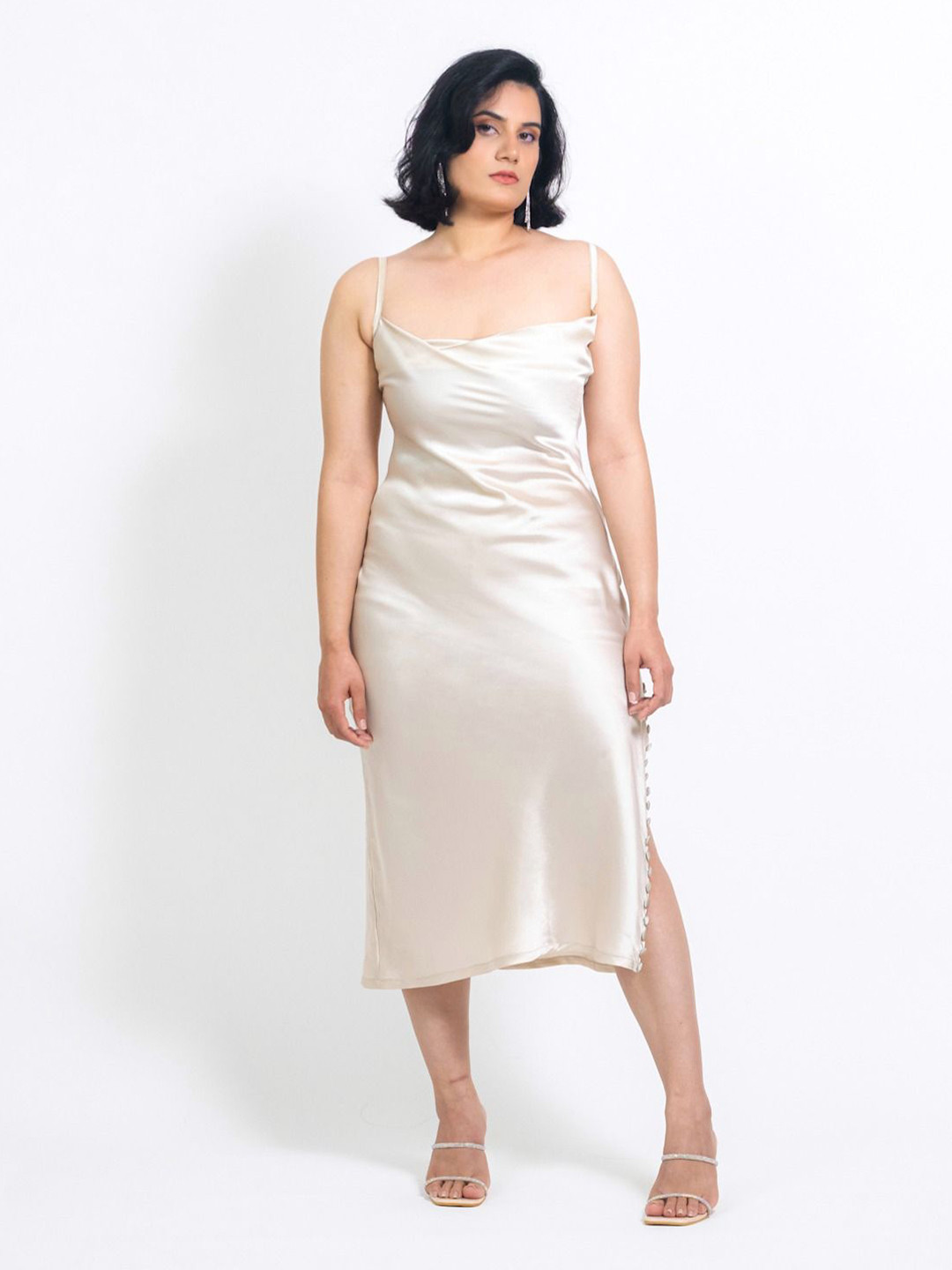 Buy MONOMEE Women Shoulder Straps Satin A Line Midi Dress - Dresses for ...