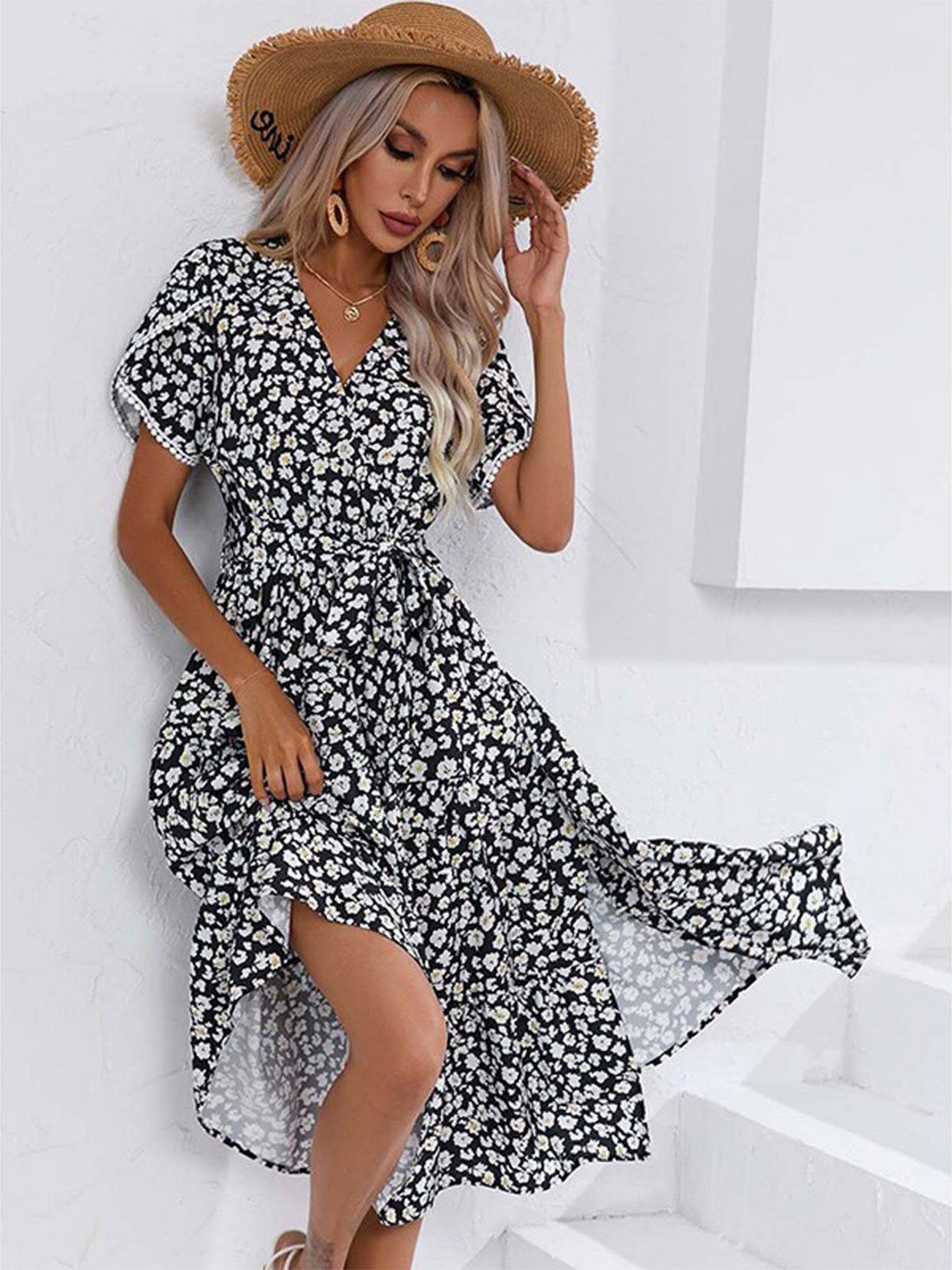 Buy StyleCast Black Floral Print Flared Sleeve Fit & Flare Midi Dress ...