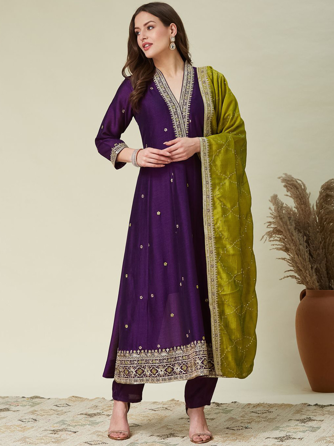 Buy MOKOSH Floral Embroidered V Neck Sequinned A Line Kurta With Trousers & Dupatta - Kurta Sets ...
