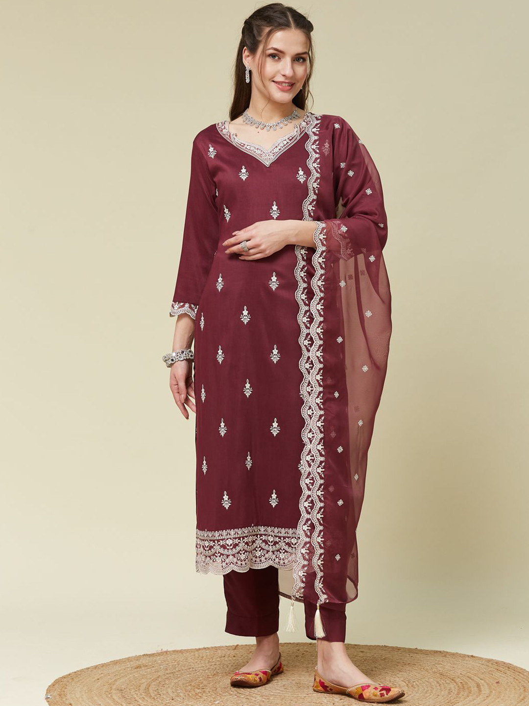 Buy MOKOSH Floral Embroidered Sweetheart Neck Sequinned Silk Kurta With Trousers & Dupatta ...