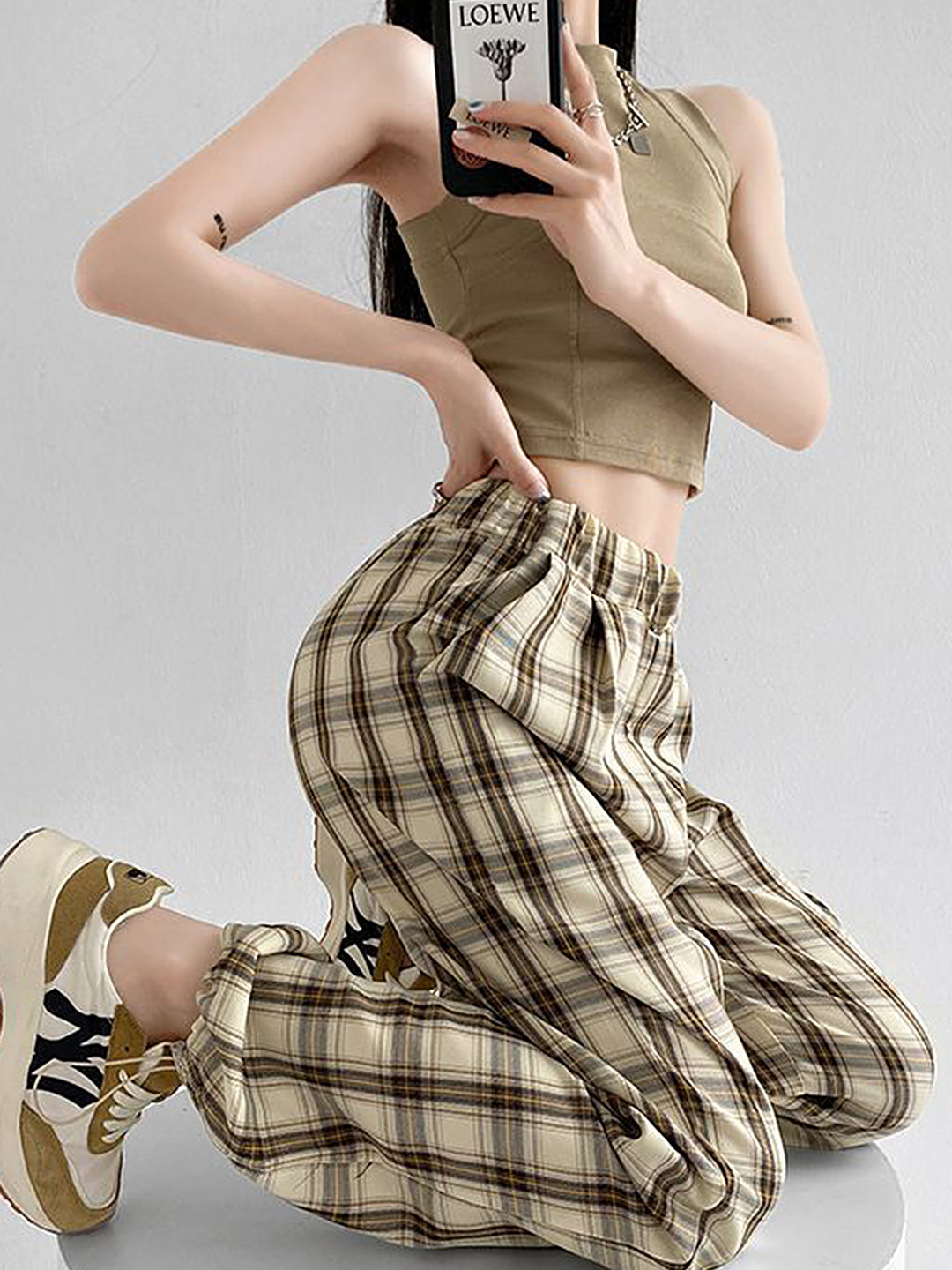 Buy LULU & SKY Women Checked Straight Fit High Rise Trousers - Trousers ...