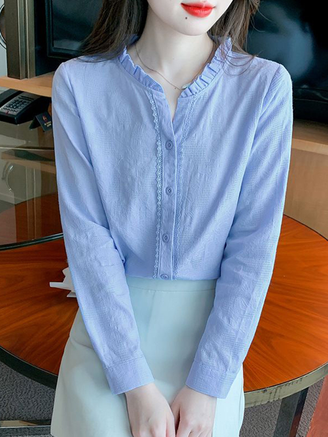 Buy StyleCast Women Self Design Textured Mandarin Collar Casual Shirt ...